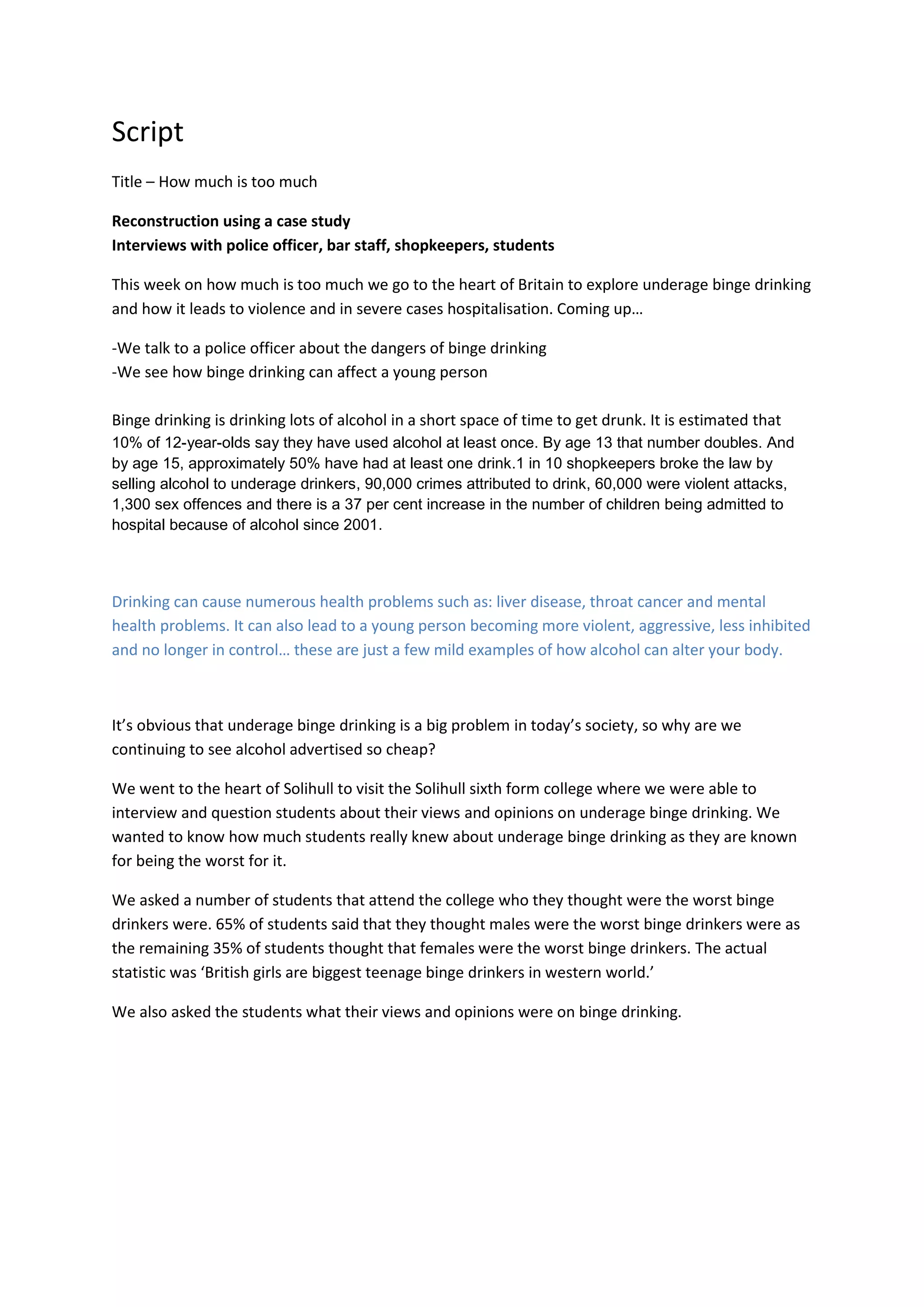 Script | DOCX | Substance Abuse | Diseases and Conditions