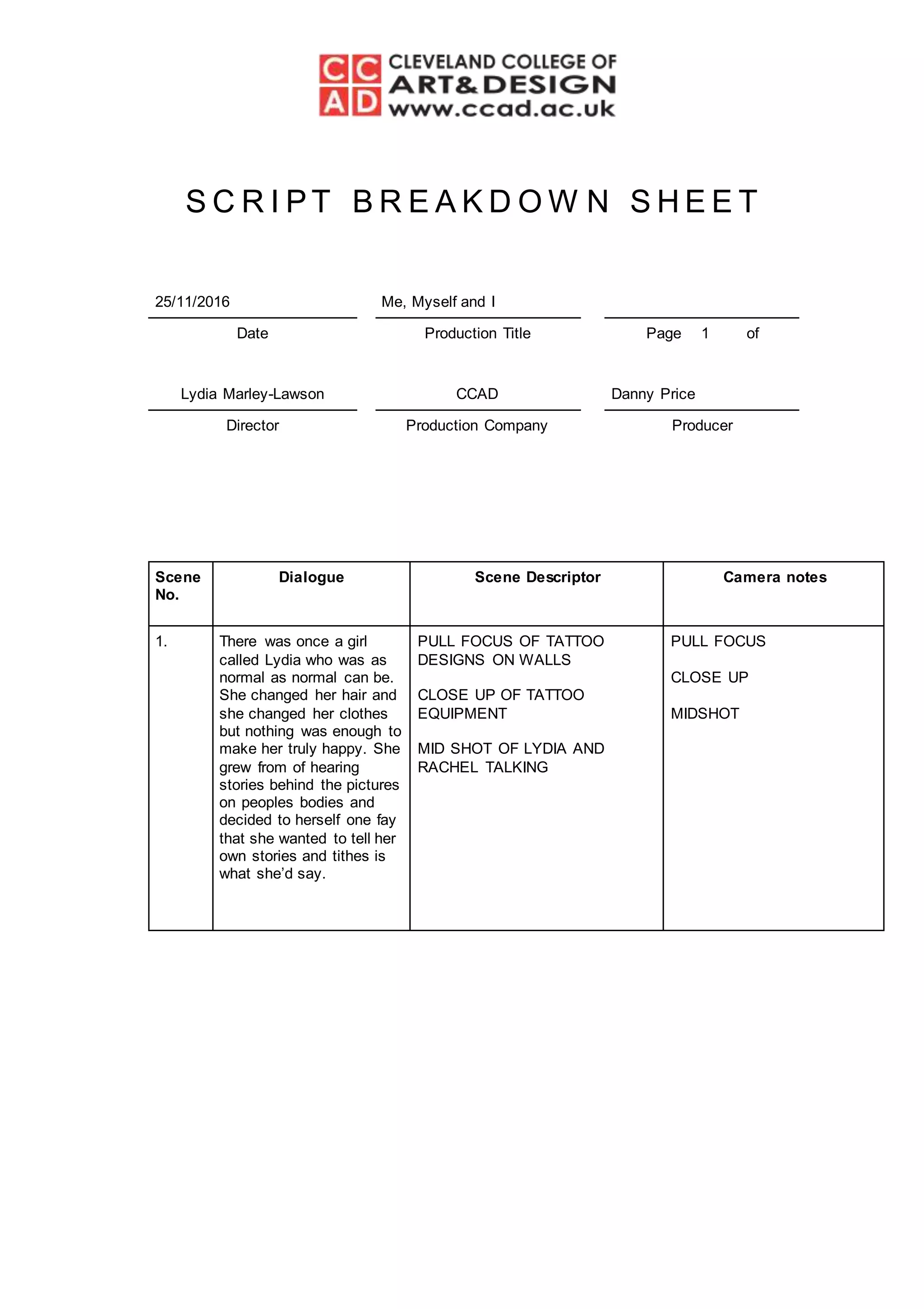 Script breakdown sheet dialogue 3 | PDF