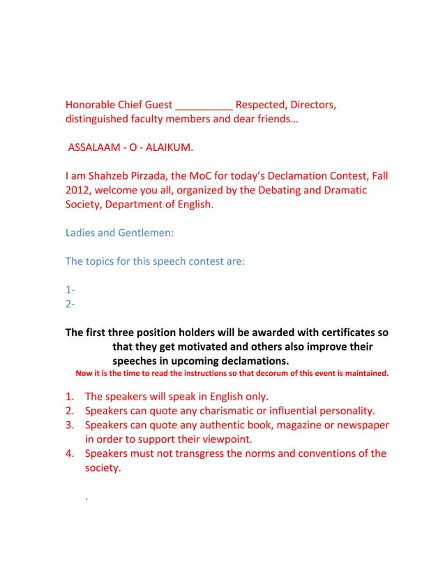 Declamation Contest Script for Moc | DOC | Awards Shows | Events