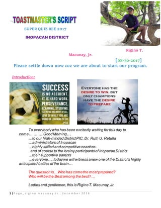 SCRIPT [Tostmaster] -District Super Quiz Bee 2017 | DOCX