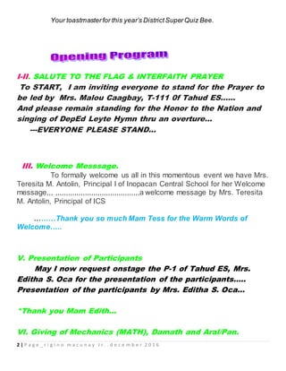 SCRIPT [Tostmaster] -District Super Quiz Bee 2017 | DOCX