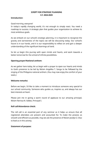 SCRIPT FOR STRATEGIC PLANNING seminar script | DOCX