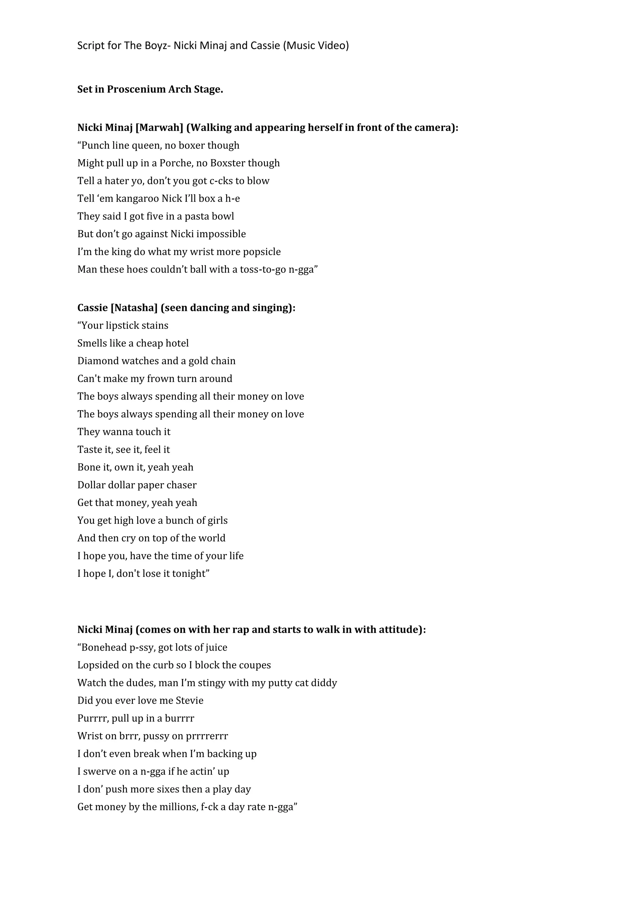 Script for the boyz nicki minaj and cassie (music video) | DOCX