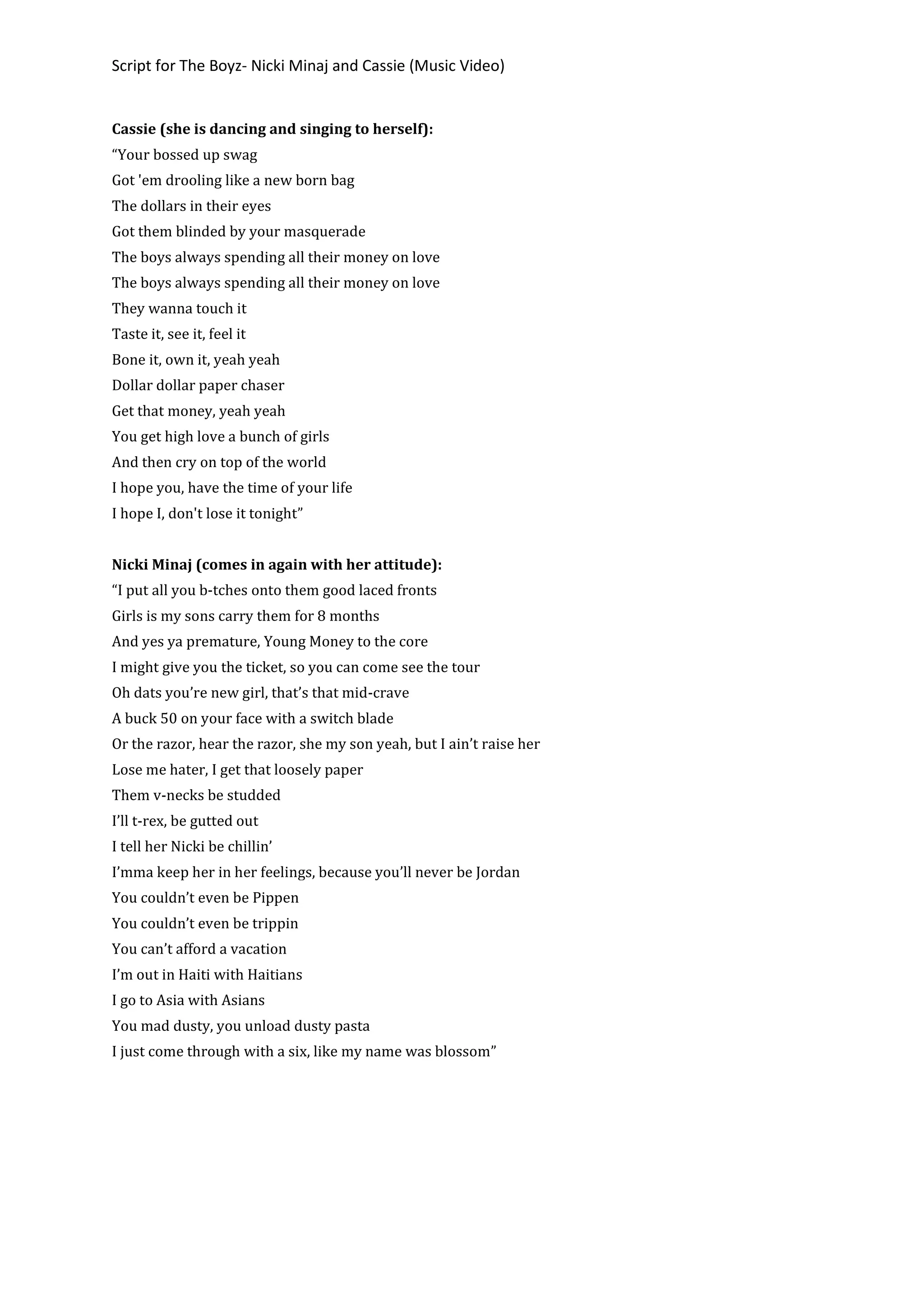 Script for the boyz nicki minaj and cassie (music video) | DOCX