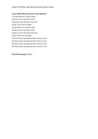 Script for the boyz nicki minaj and cassie (music video) | DOCX