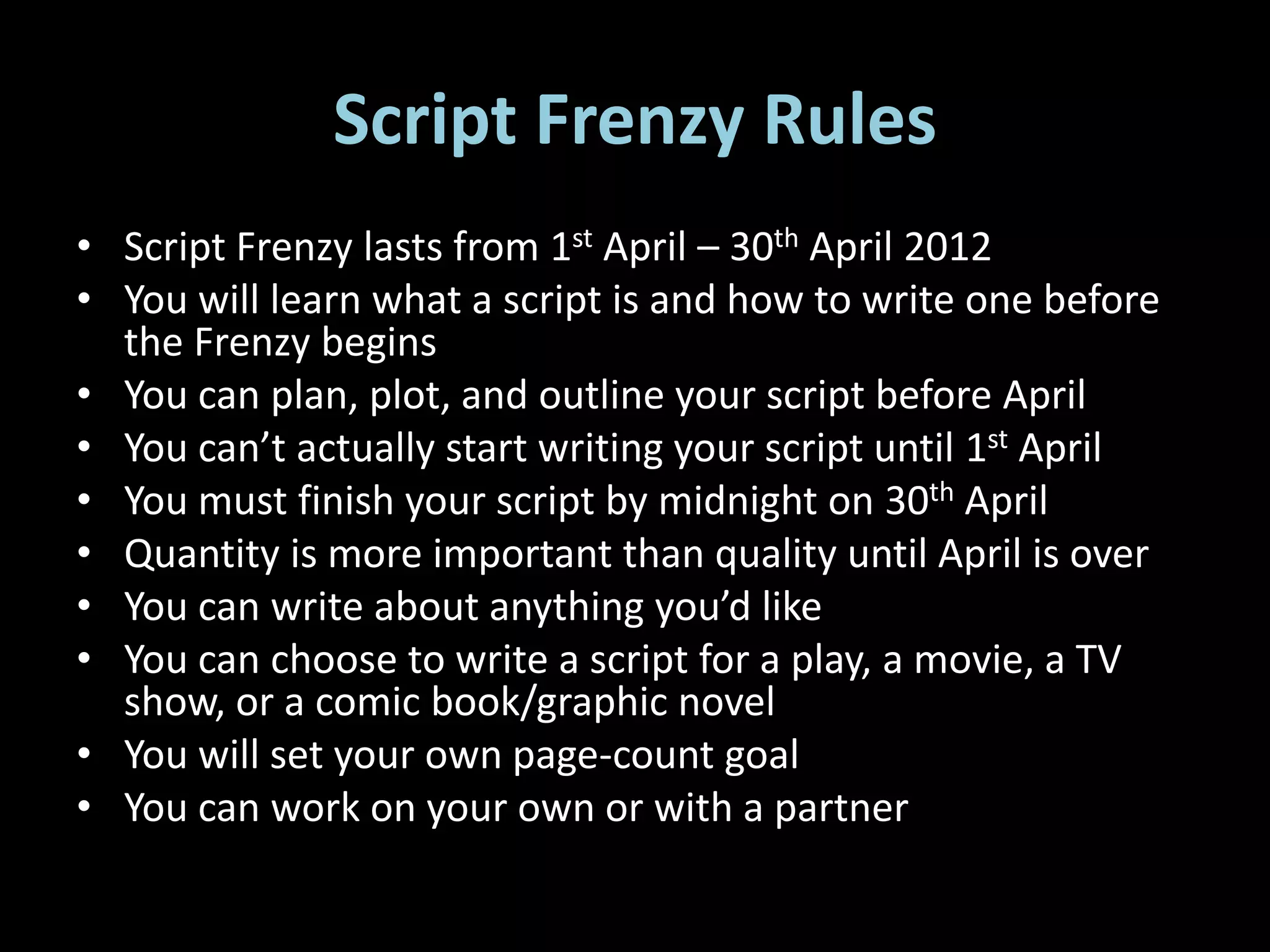 Introduction to Script Frenzy | PPTX | Screenwriting | Content Production