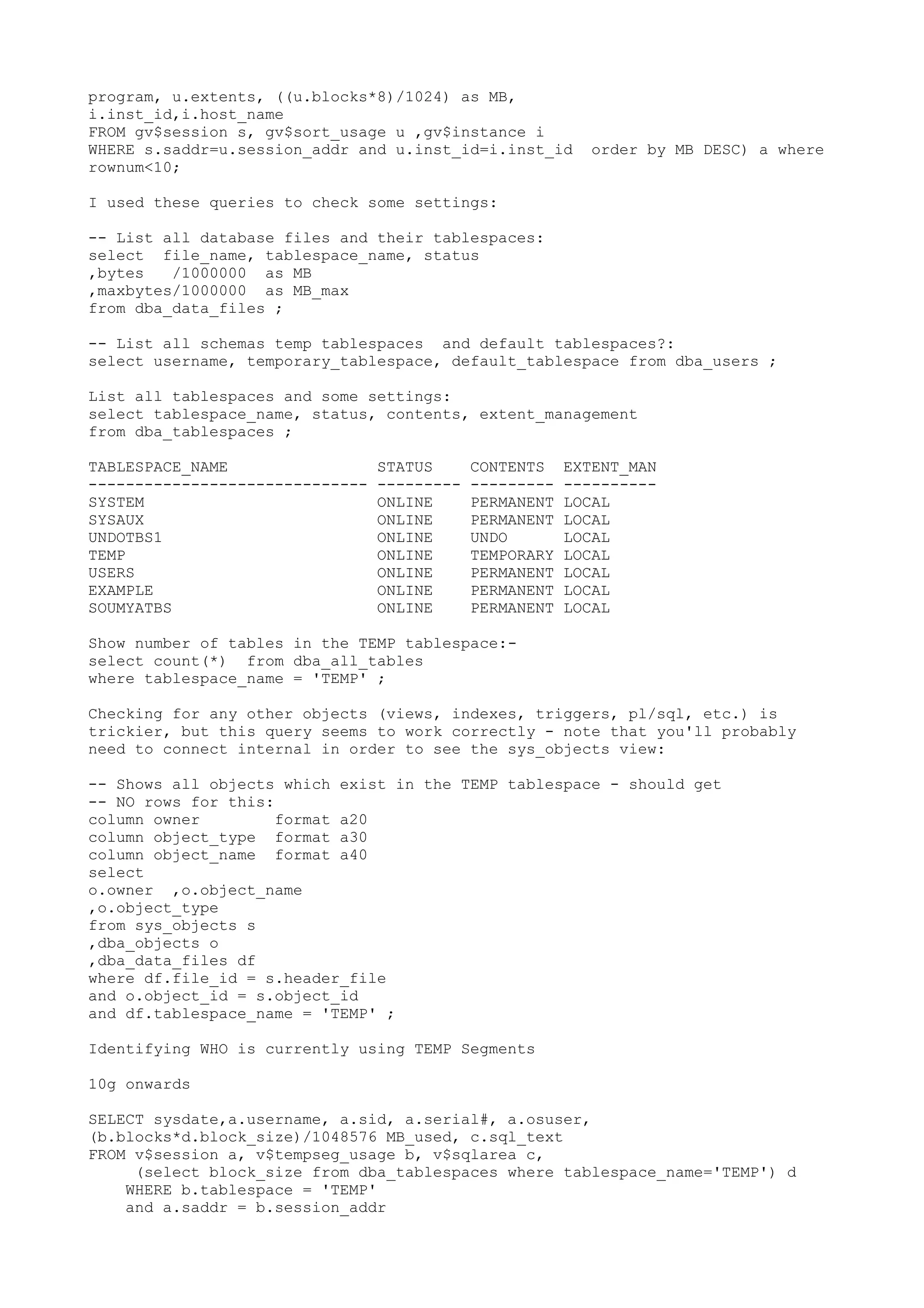 Scripts related to temp tablespace | PDF