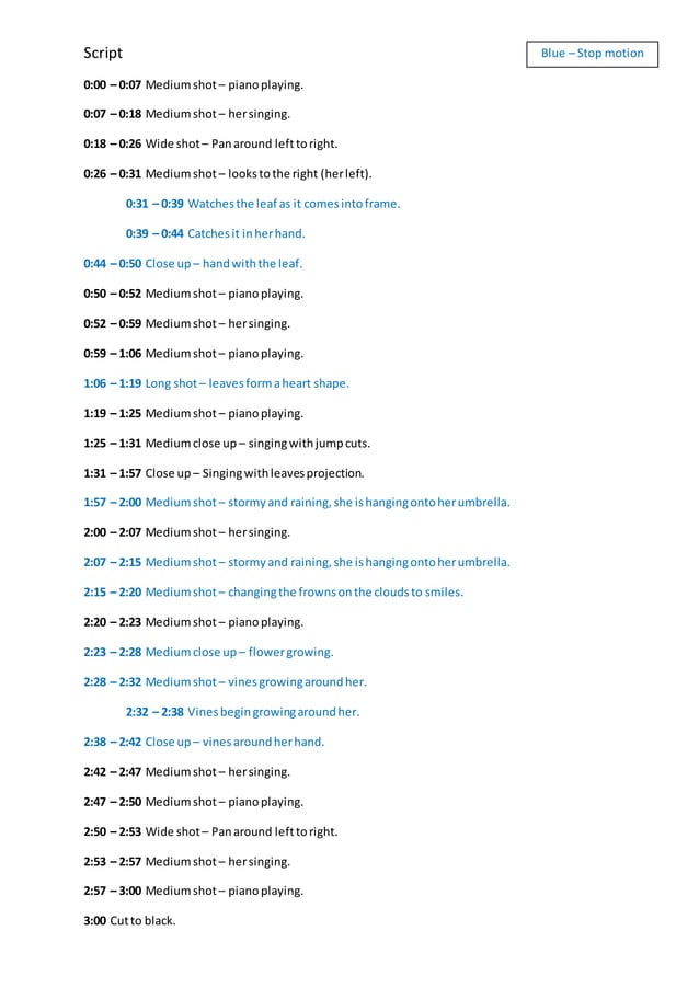 Script with Timings and Stop Motion | DOCX | Music | Entertainment