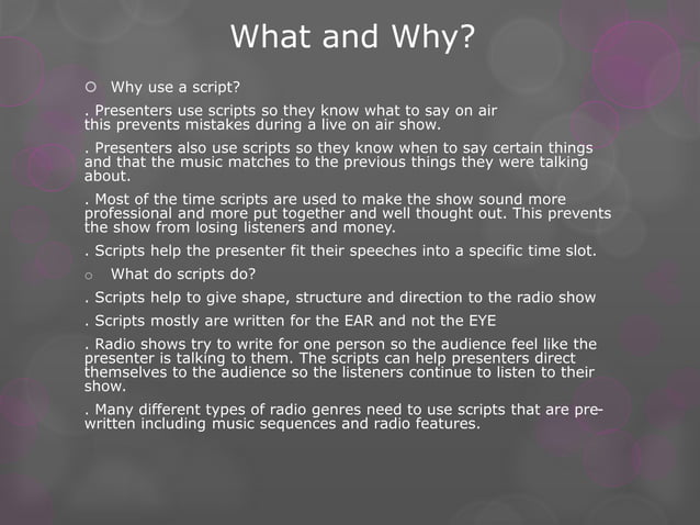 Script writing for radio | PPTX | Musicals | Genres
