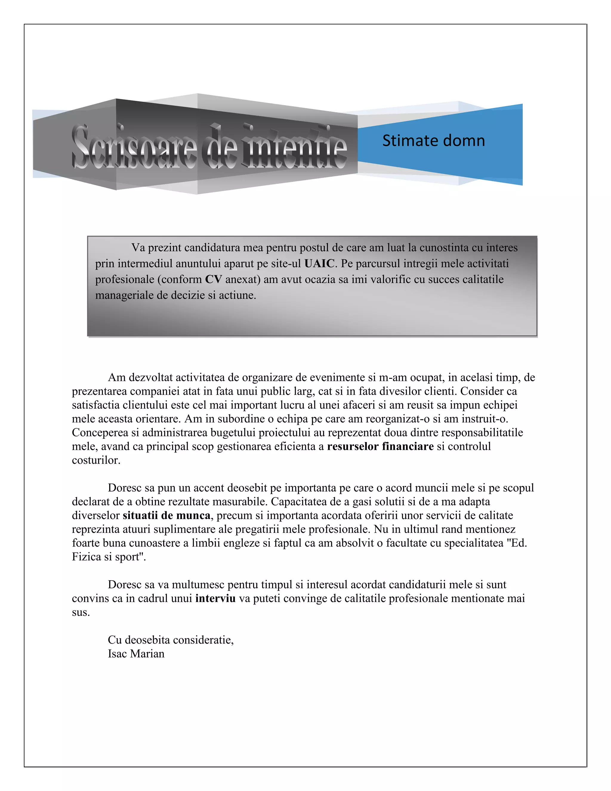 Scrisoare de intentie | DOCX