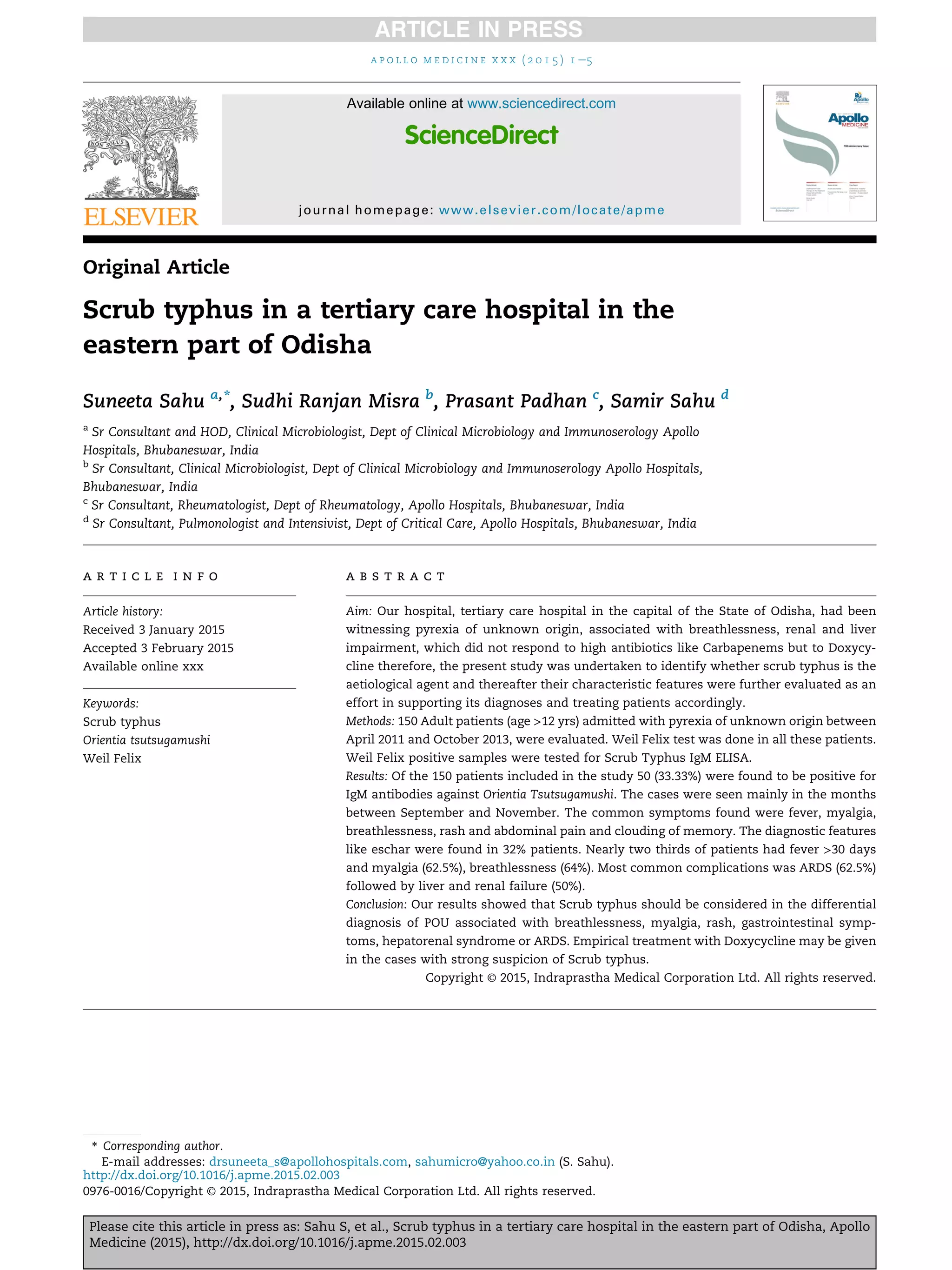 Scrub typhus in a tertiary care hospital in the eastern part of Odisha ...