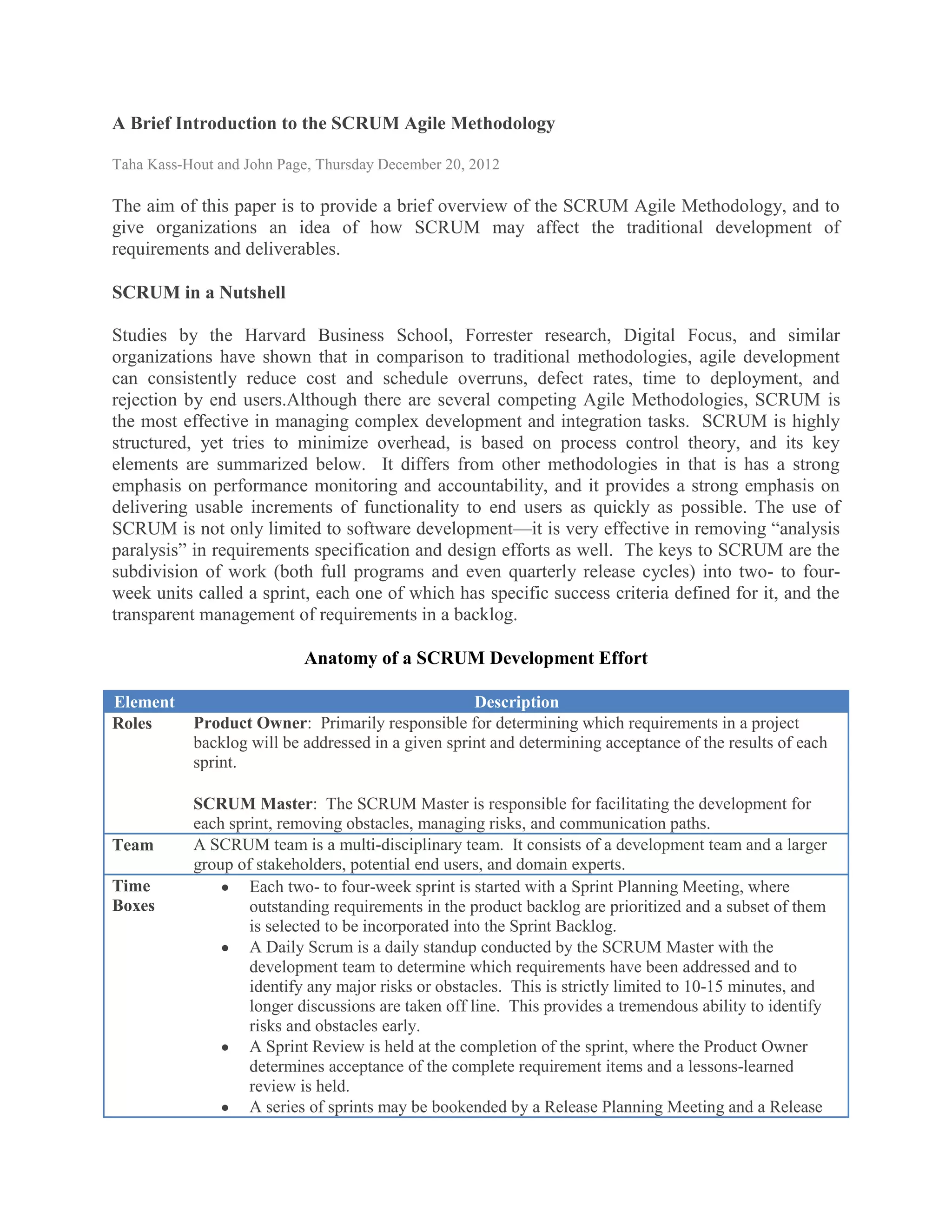 A Brief Introduction to the SCRUM Agile Methodology | PDF