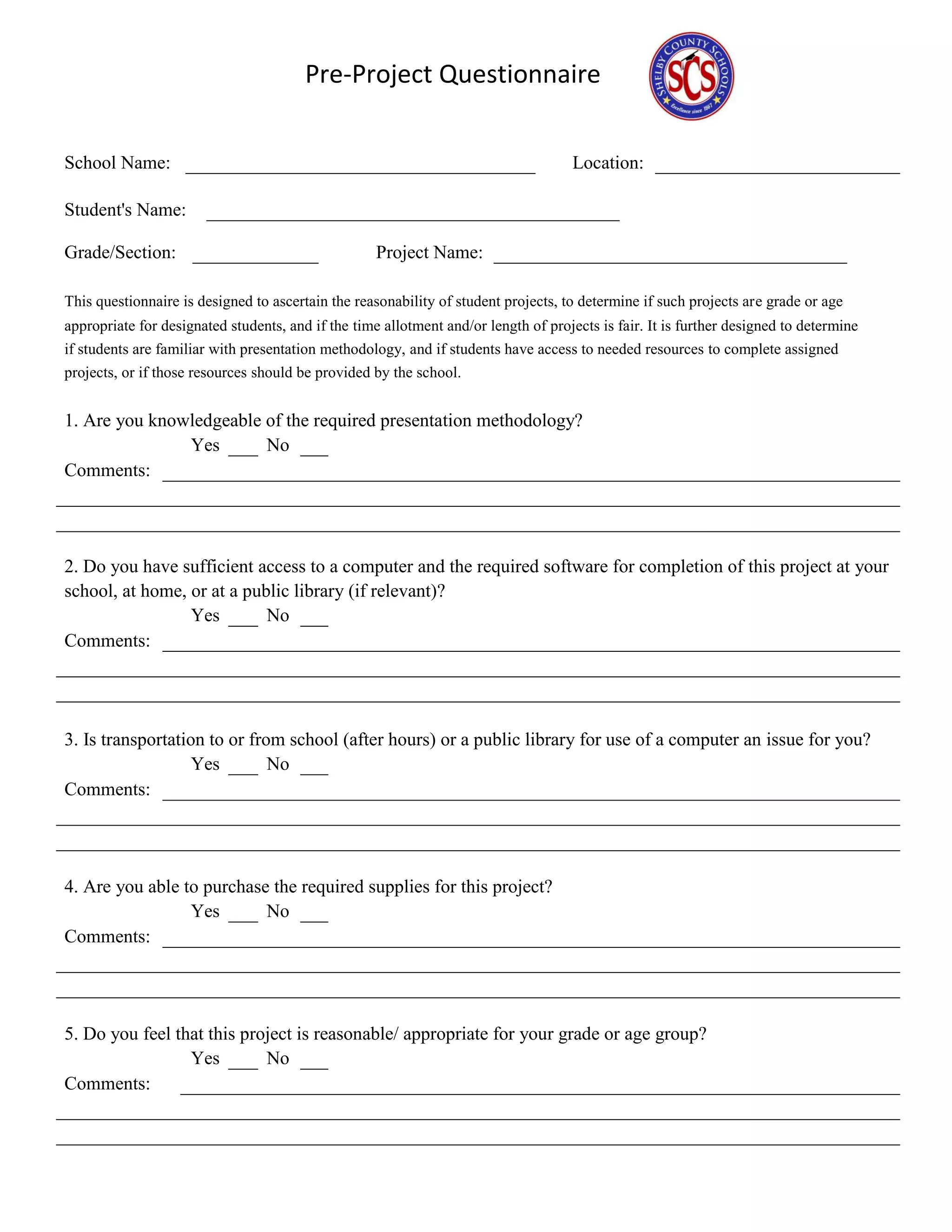 SCS Pre-Project Questionnaire | PDF