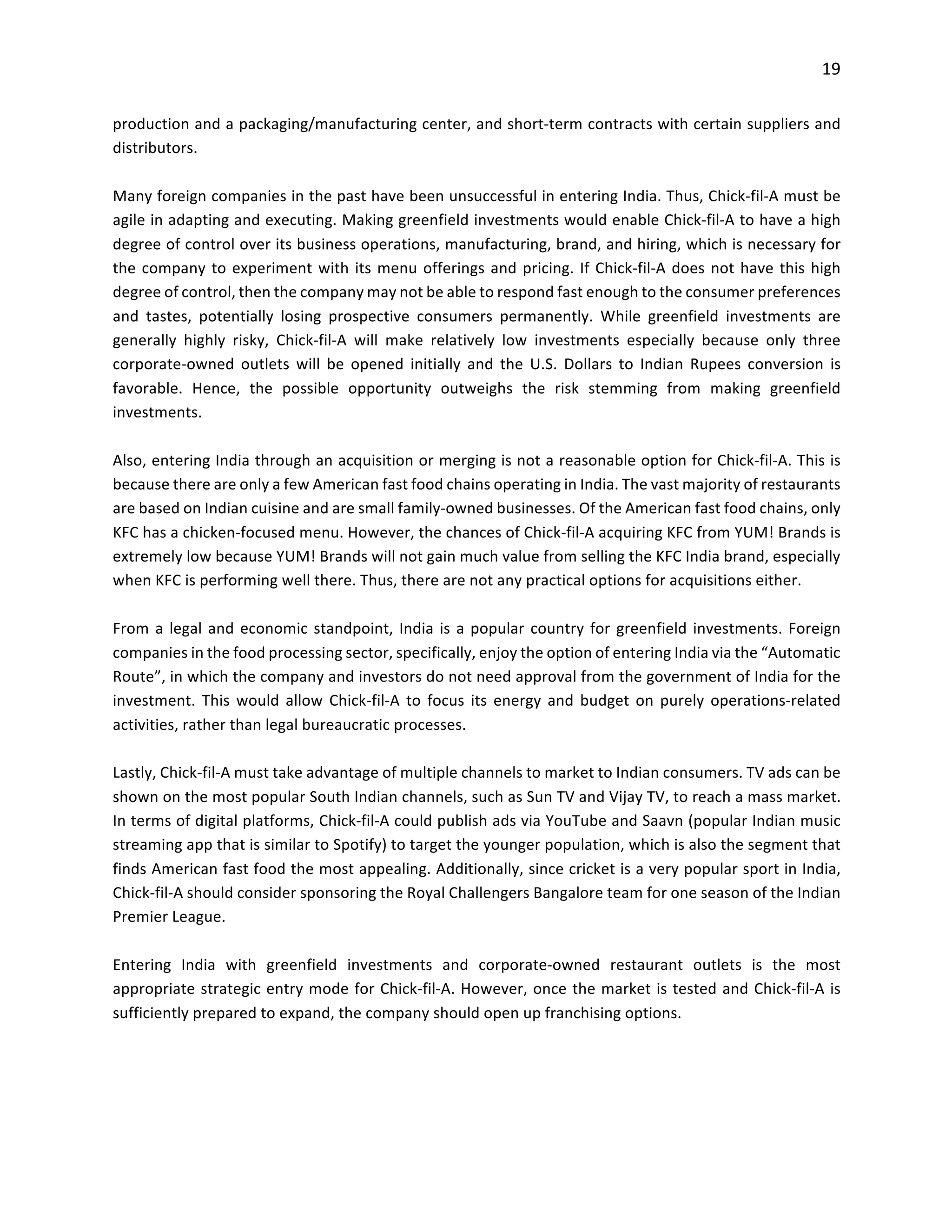 Internationalization Strategy for Chick-fil-A Entering India | PDF