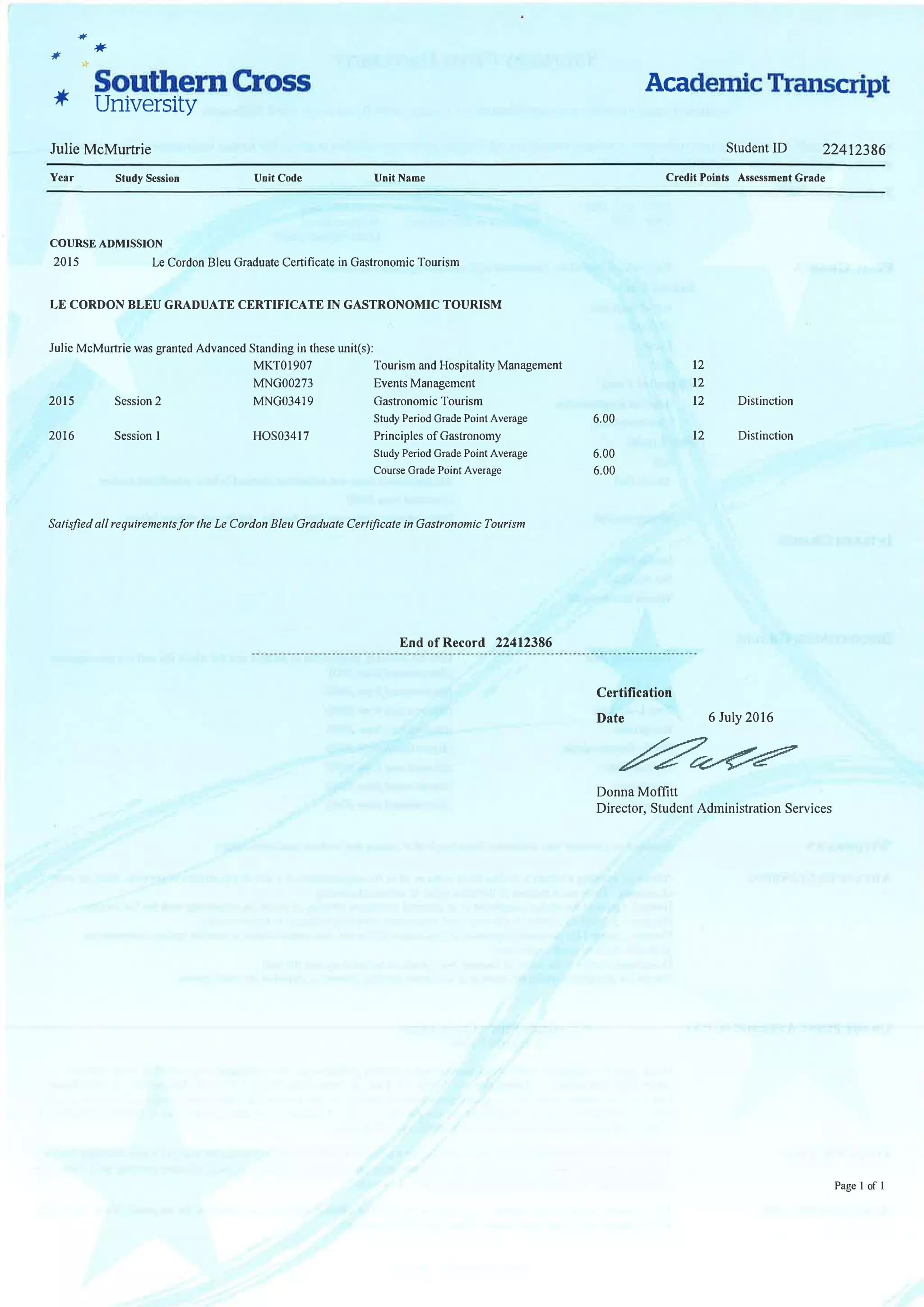 SCU Grad Cert Academic Transcript | PDF