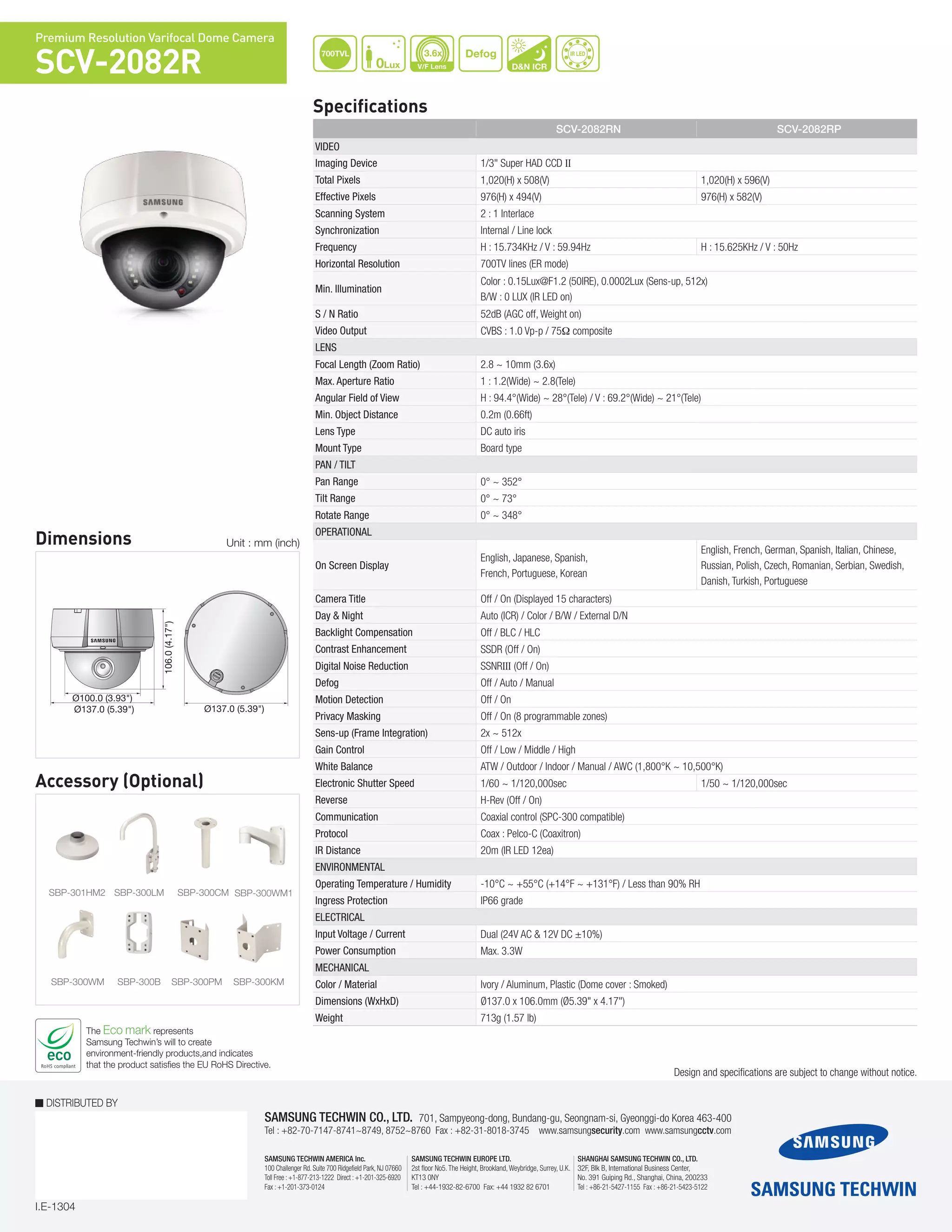 Samsung Techwin SCV-2082R Data Sheet | PDF