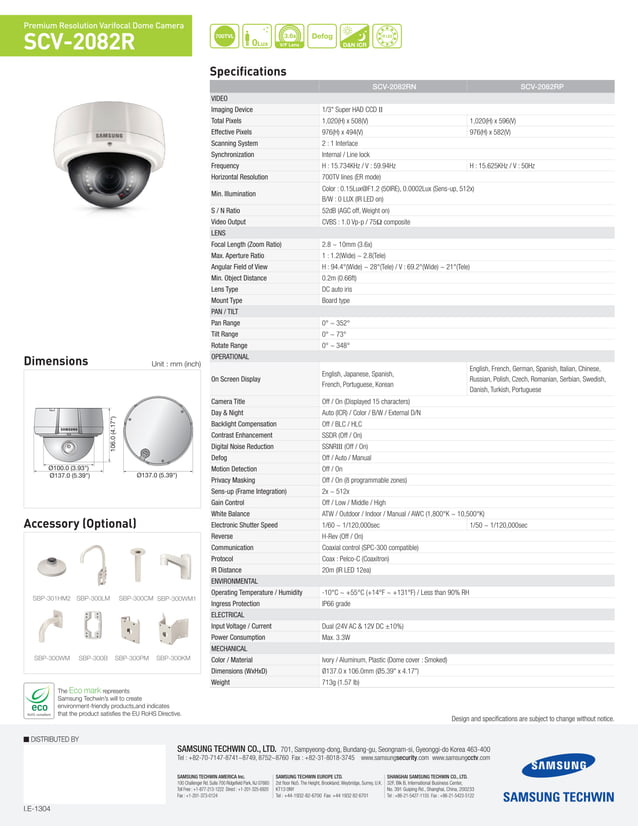 Samsung Techwin SCV-2082R Data Sheet | PDF