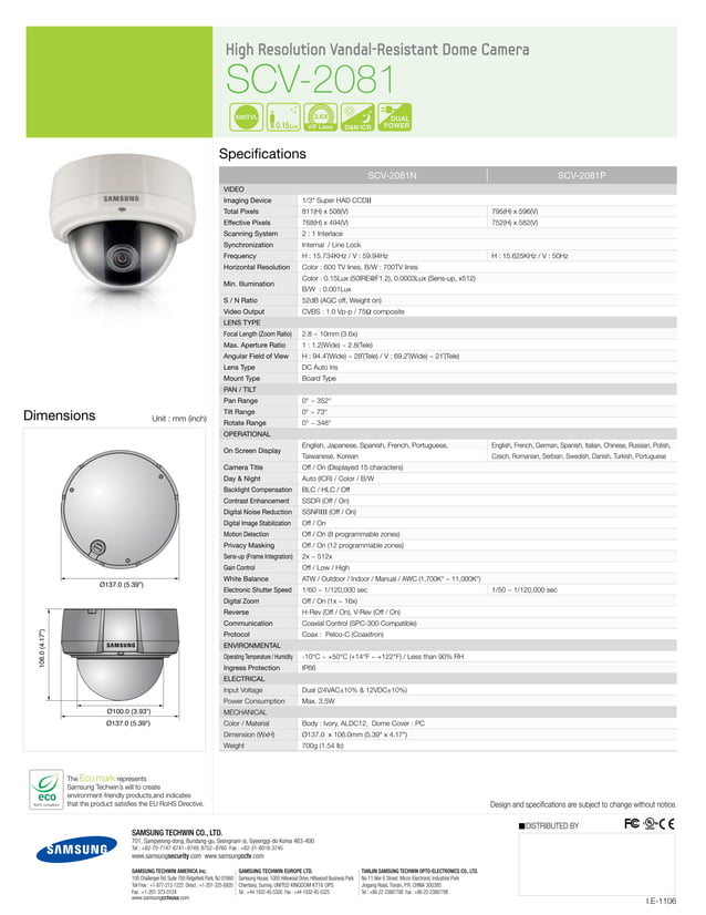 Samsung Techwin SCV-2081 Data Sheet | PDF | Cameras and Camcorders | Consumer Electronics