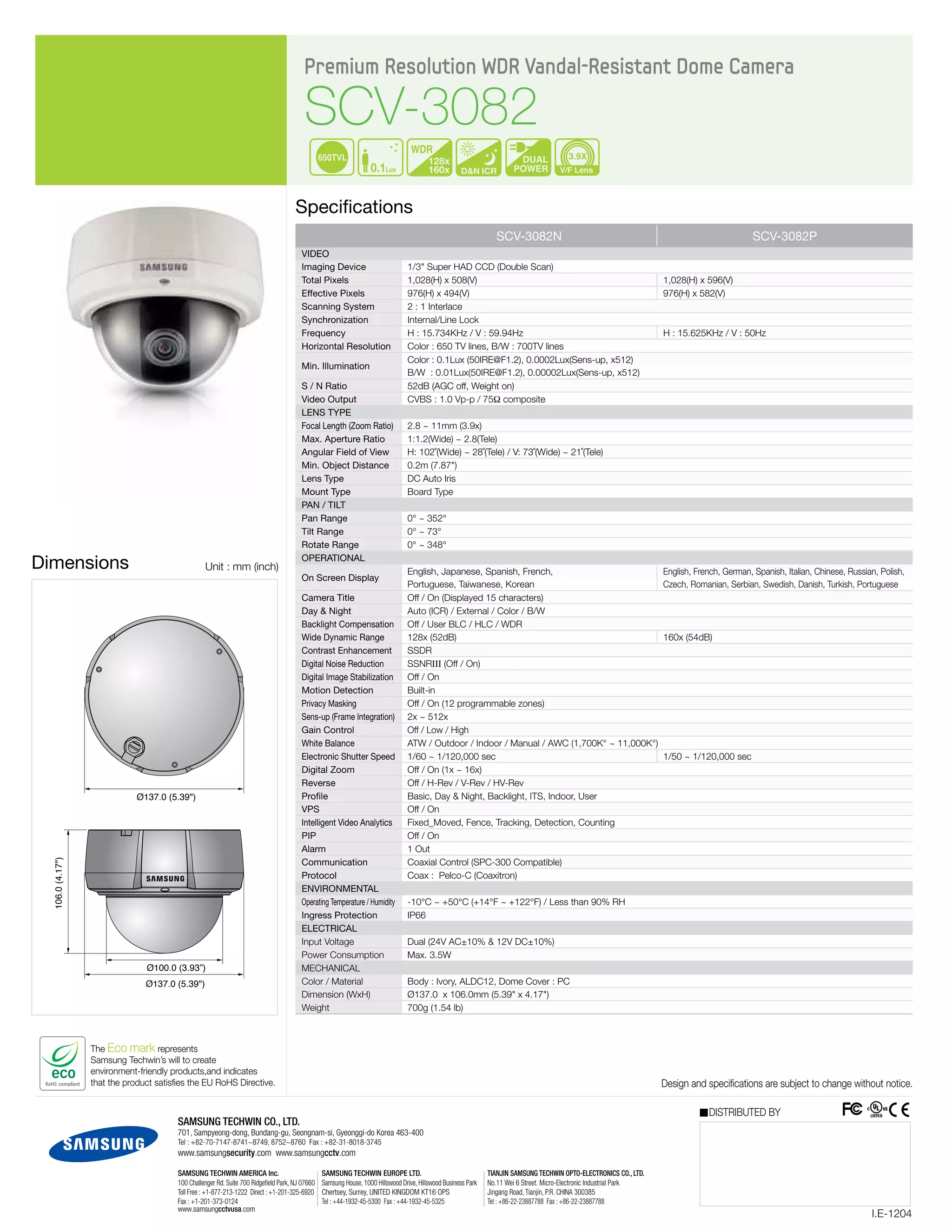 Samsung Techwin SCV-3082 Data Sheet | PDF | Cameras and Camcorders | Consumer Electronics