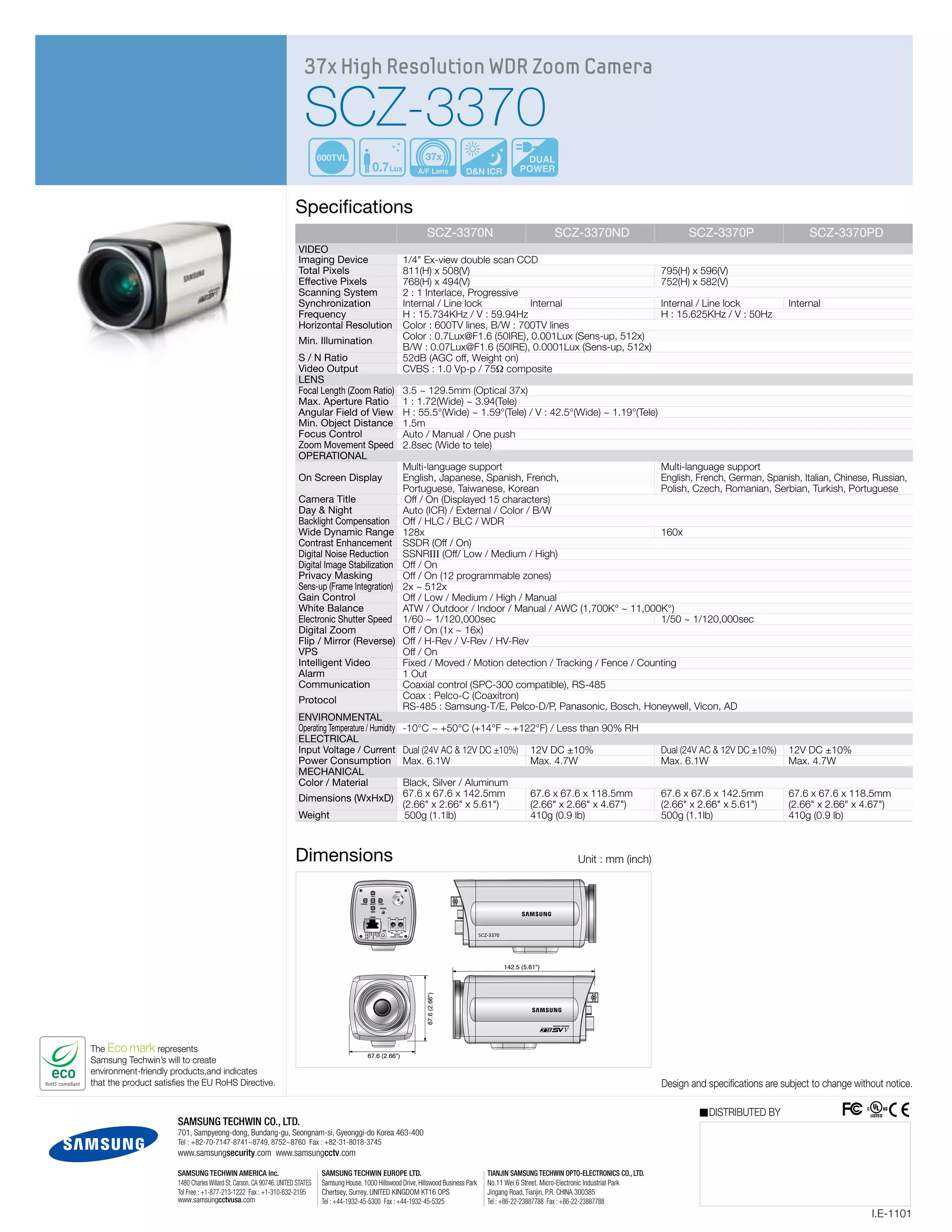 Samsung Techwin SCZ-3370 Data Sheet | PDF