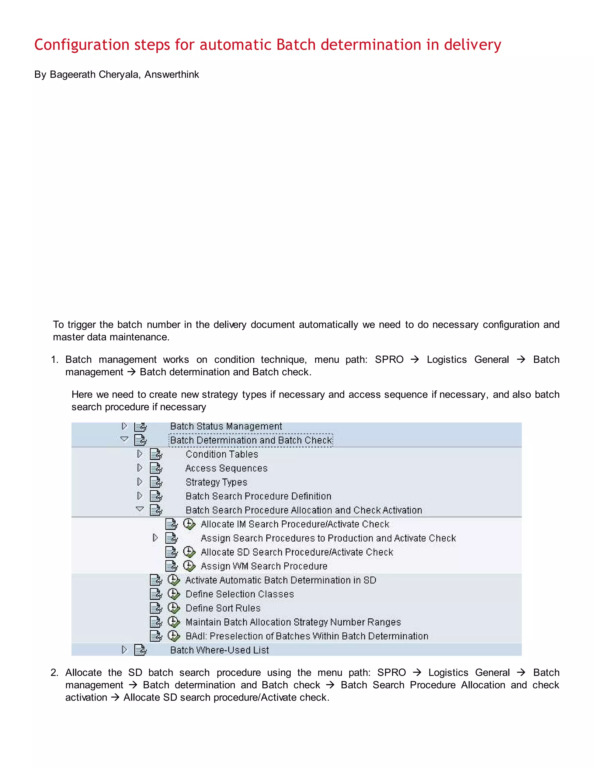 Sd configuration steps for automatic batch determination in delivery | PDF