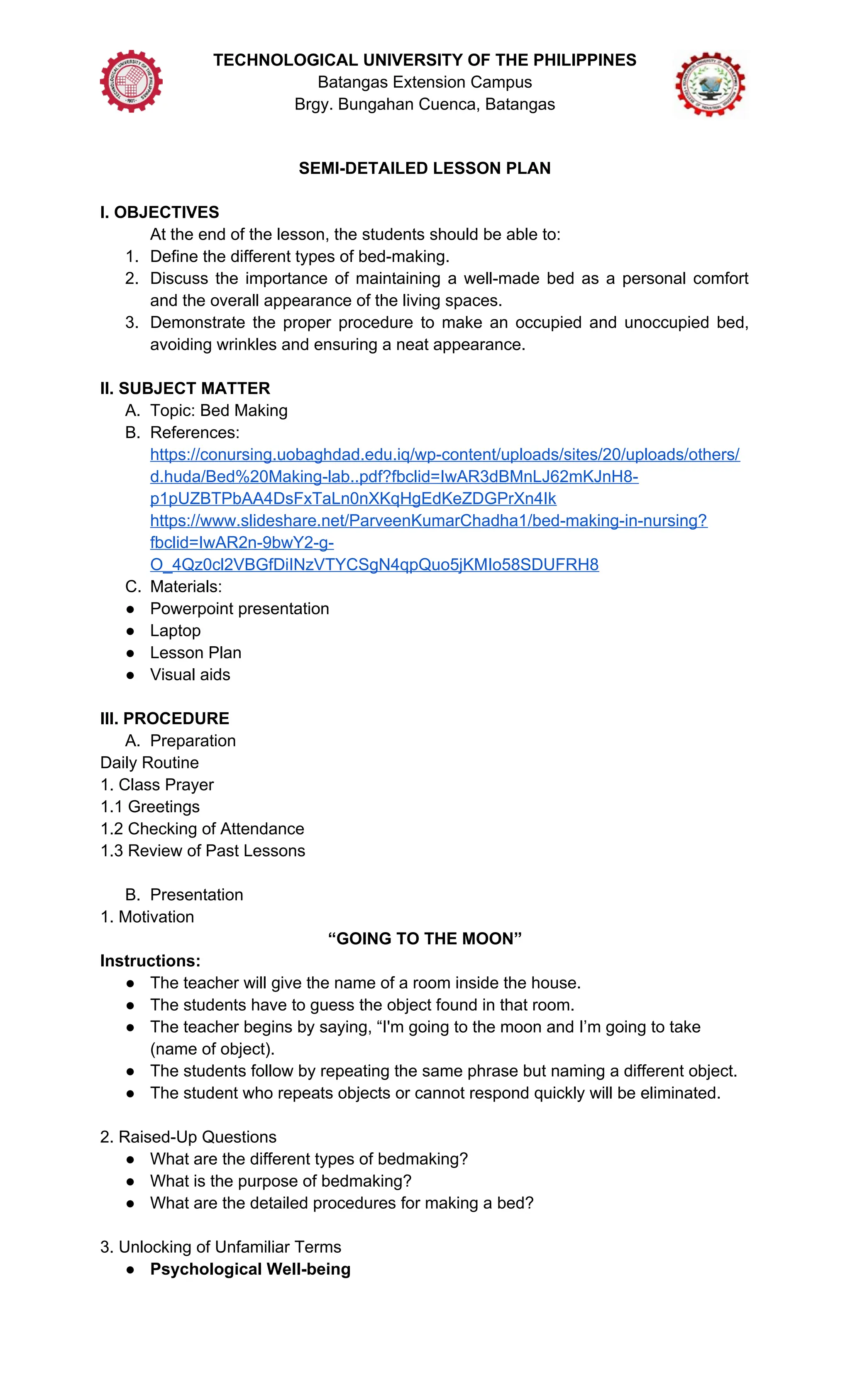 SEMI DETAILED LESSON PLAN FOR BED MAKE UP | DOCX