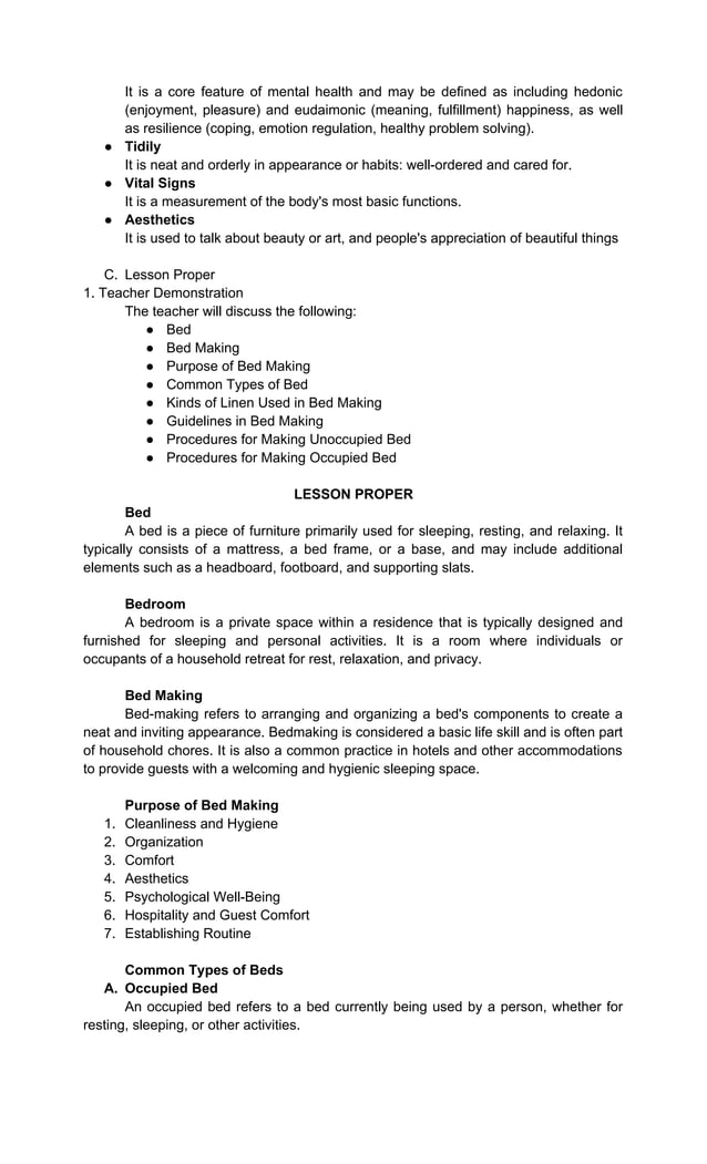 SEMI DETAILED LESSON PLAN FOR BED MAKE UP | DOCX