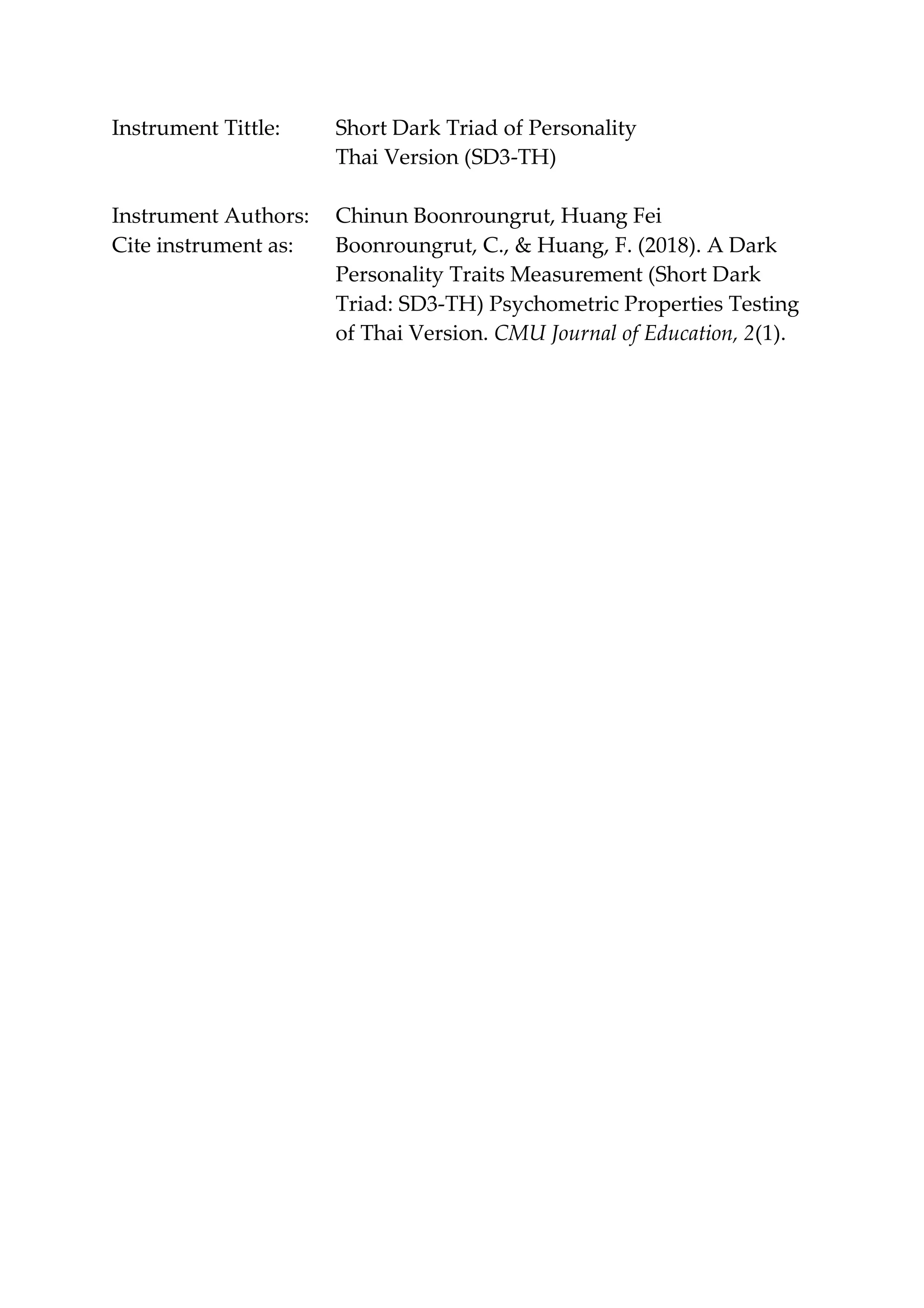 แบบวัดบุคลิกภาพด้านมือฉบับแปลภาษาไทย Dark Triad of Personality Thai ...