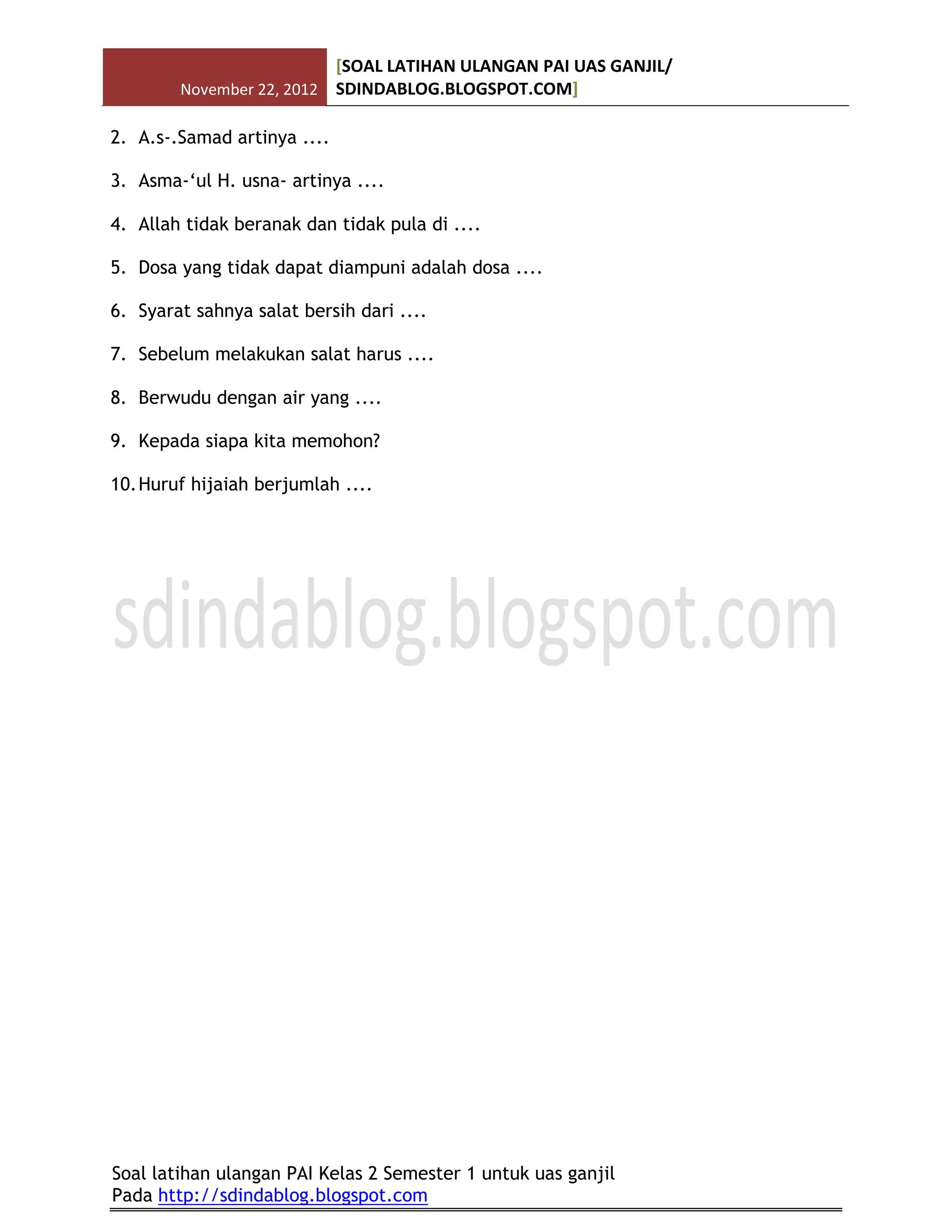 Sdinda soal latihan ulangan pai kelas 2 semester 1 untuk uas ganjil | PDF