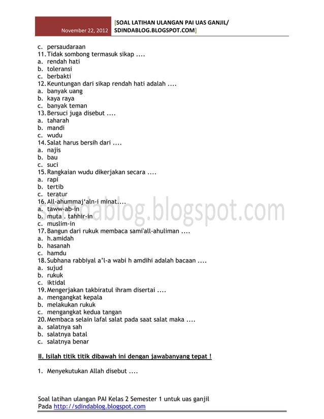 Sdinda soal latihan ulangan pai kelas 2 semester 1 untuk uas ganjil | PDF
