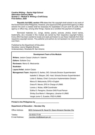 Sdo navotas creative_writing_q2_m6_writing a craft essay.fv(22) | PDF