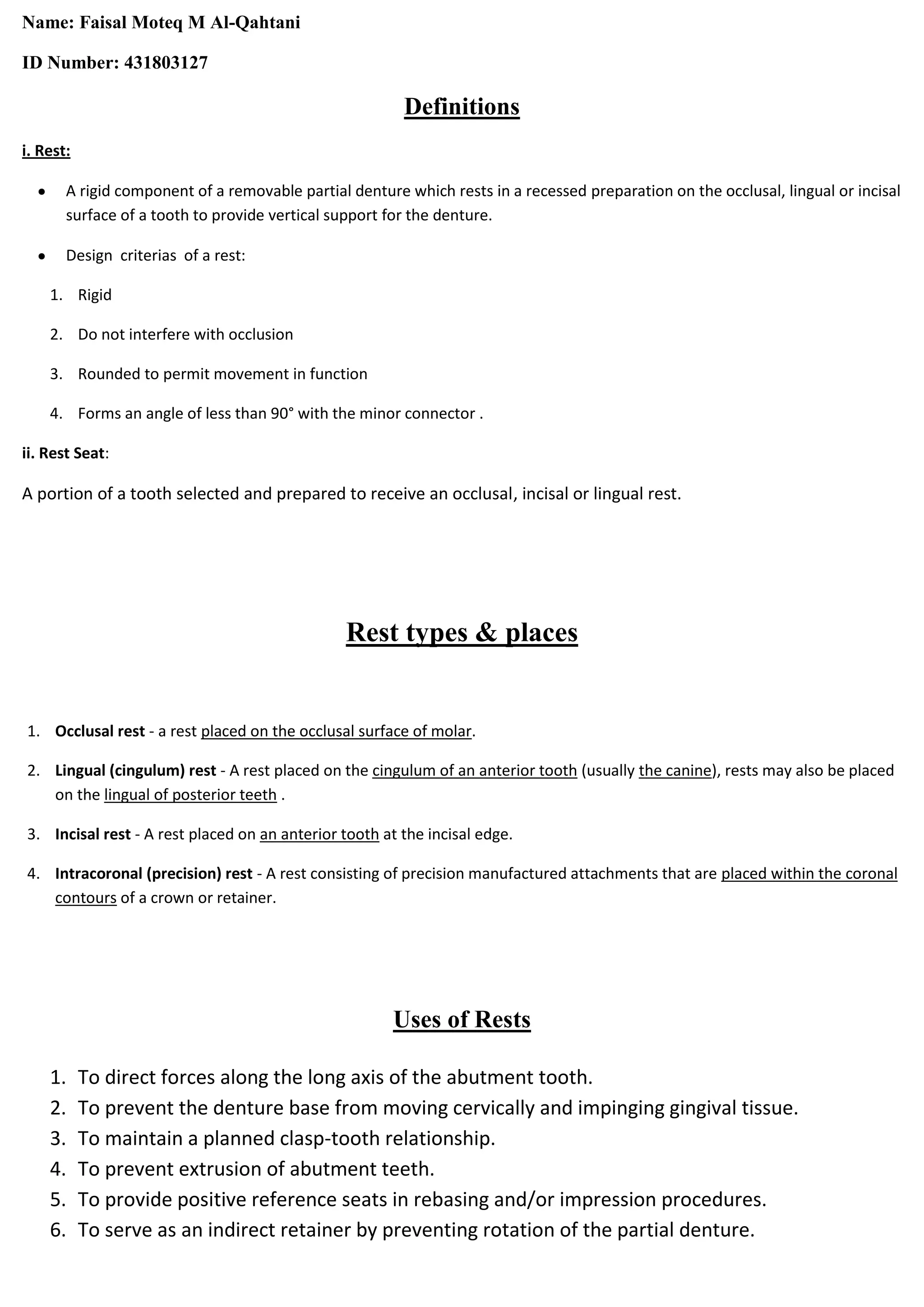 Tooth preparation for rest seats dental Removable Prosthodontics | DOCX