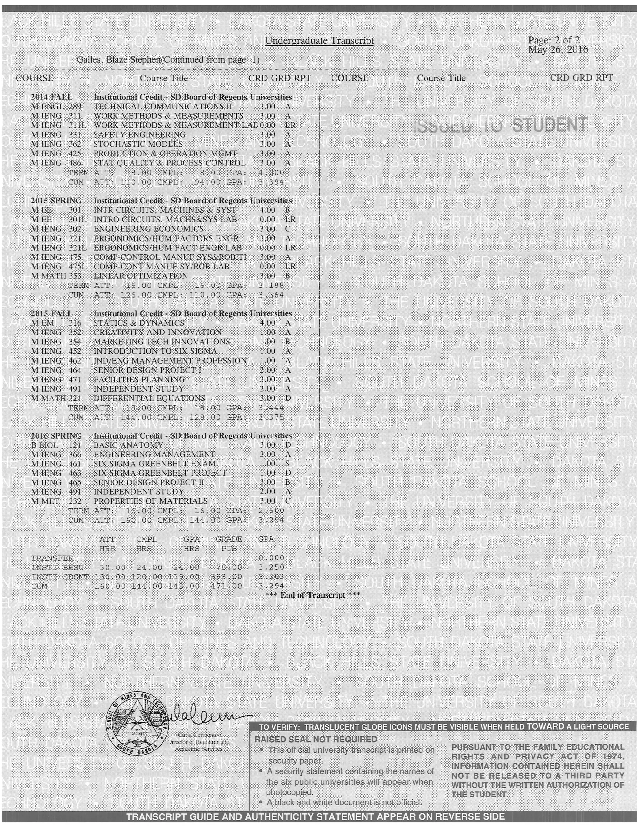 South Dakota School of Mines and Technology Undergraduate Transcript | PDF