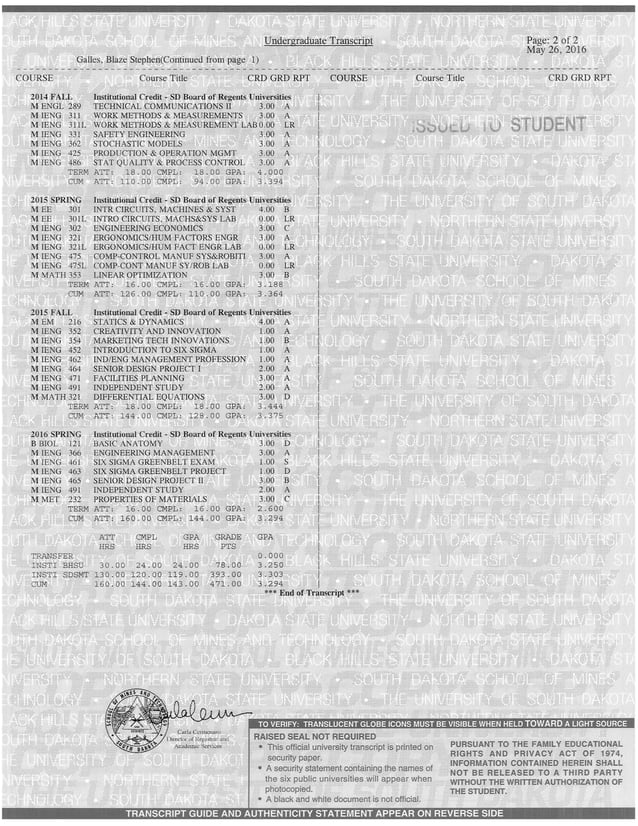 South Dakota School of Mines and Technology Undergraduate Transcript | PDF
