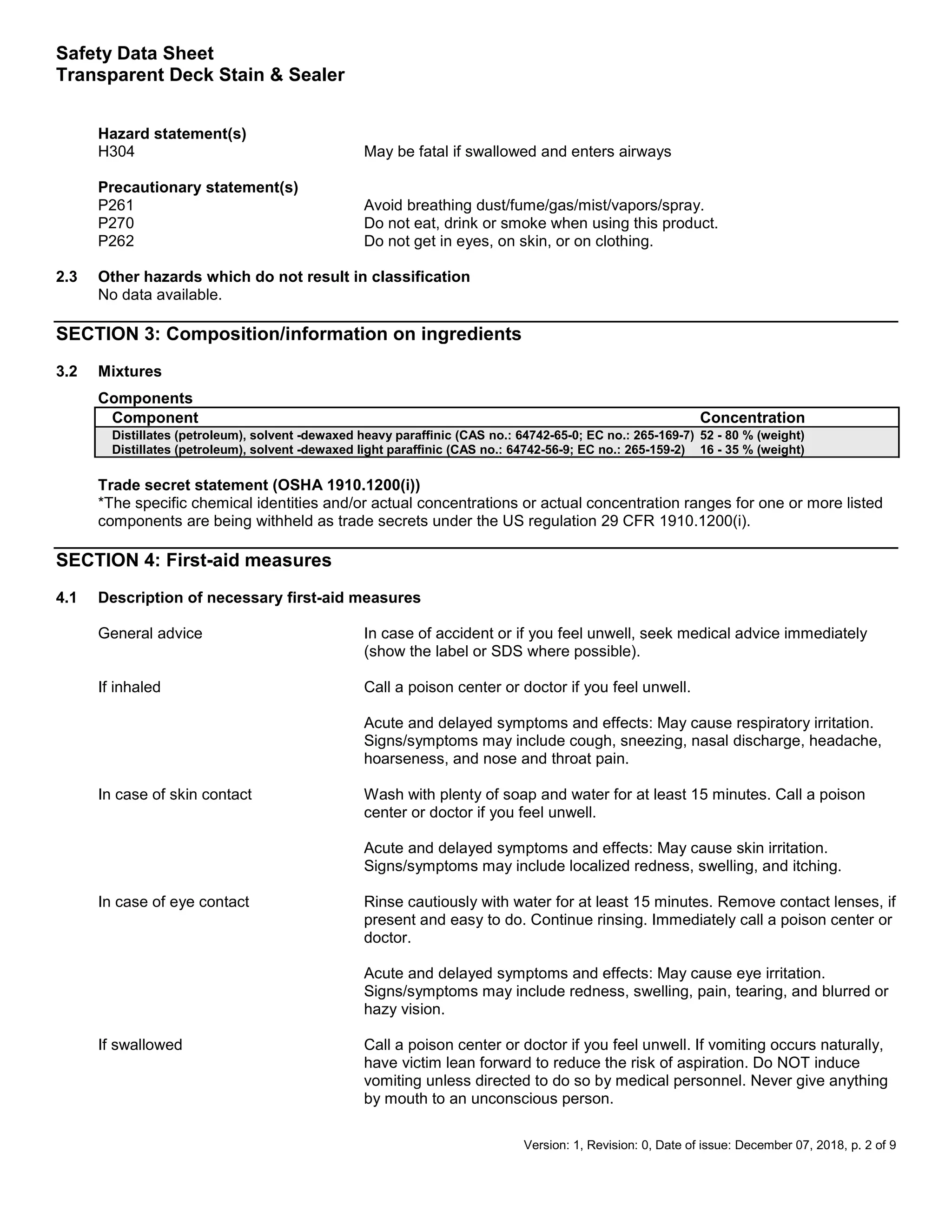 Safety Data Sheet Transparent Deck Stain & Sealer | PDF