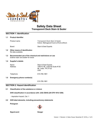 Safety Data Sheet Transparent Deck Stain & Sealer | PDF