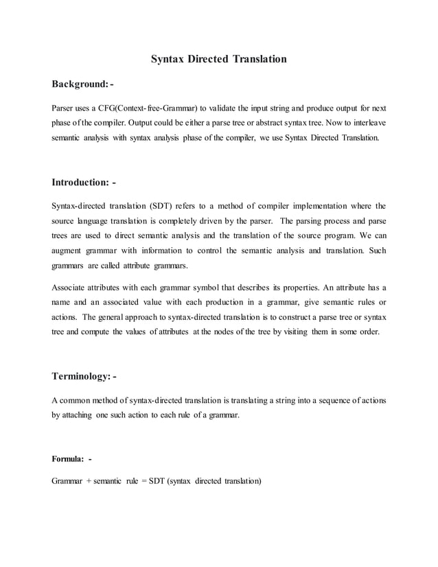 SYNTAX Directed Translation Report || Compiler Construction | PDF