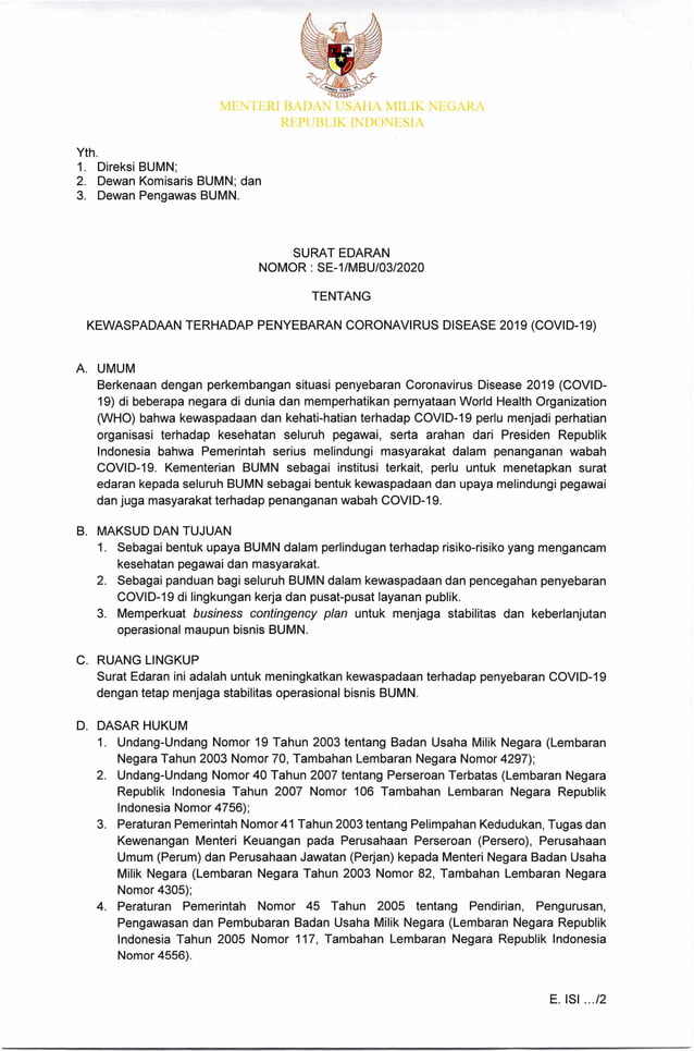 Surat Edaran Menteri BUMN Nomor SE-1/MBU/03/2020 Surat Edaran Menteri BUMN Nomor SE-1/MBU/03/2020