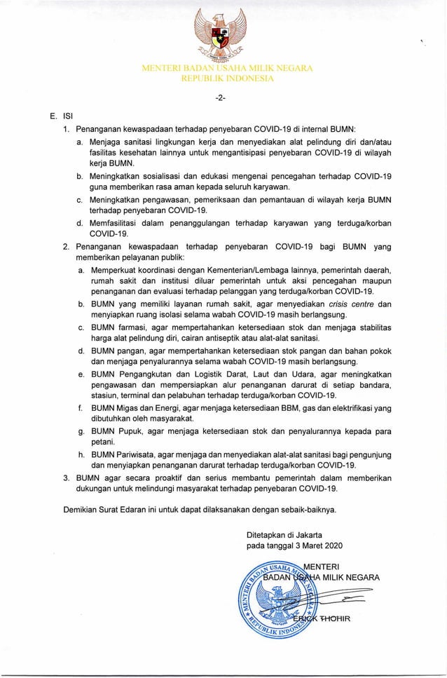 Surat Edaran Menteri BUMN Nomor SE-1/MBU/03/2020 Surat Edaran Menteri BUMN Nomor SE-1/MBU/03/2020