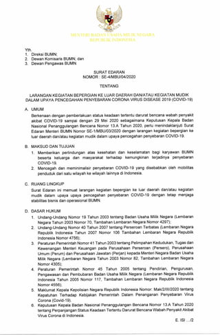 Surat Edaran Menteri BUMN Nomor SE-4/MBU/04/2020 | PDF