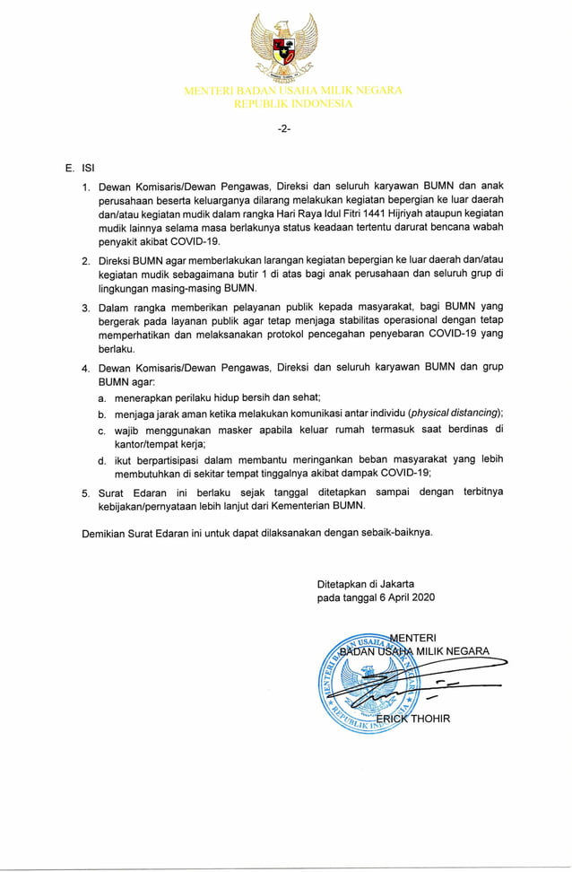 Surat Edaran Menteri BUMN Nomor SE-4/MBU/04/2020 | PDF Surat Edaran Menteri BUMN Nomor SE-4/MBU/04/2020 | PDF