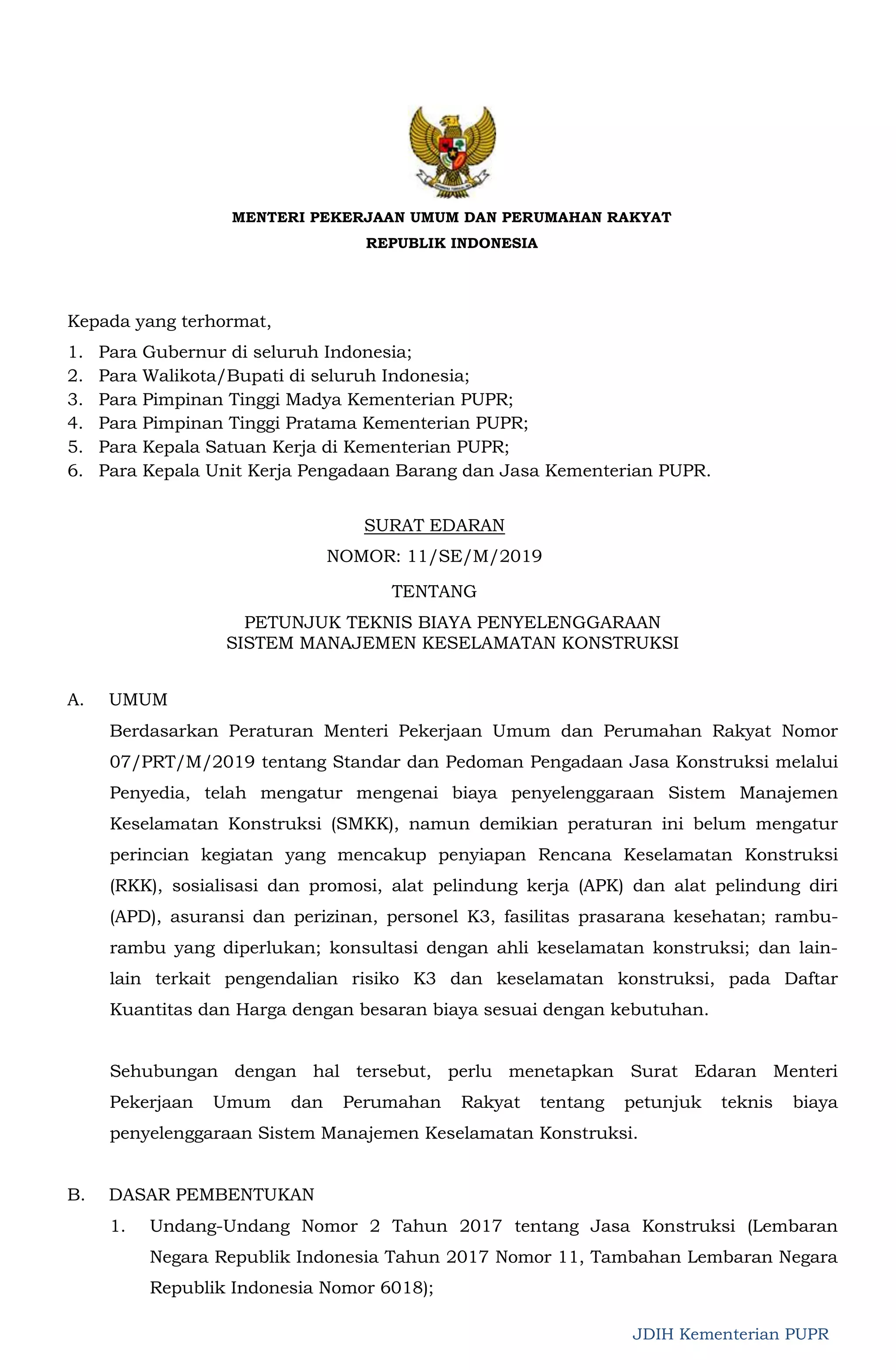 Se 11 2019 SURAT EDARAN MENTERI PUPR NOMOR: 11/SE/M/2019 TENTANG PETUNJUK TEKNIS BIAYA ...
