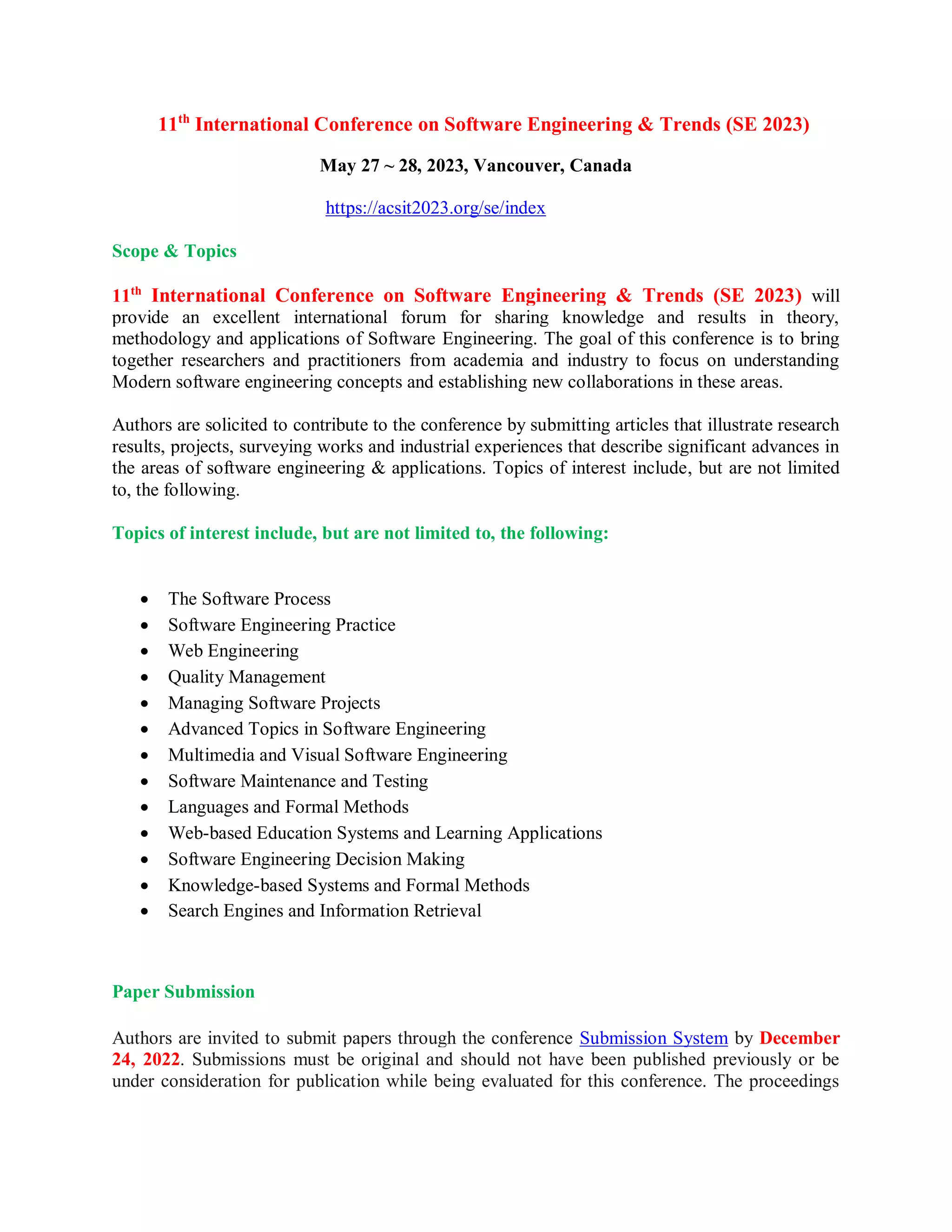 11th International Conference on Software Engineering & Trends (SE 2023 ...