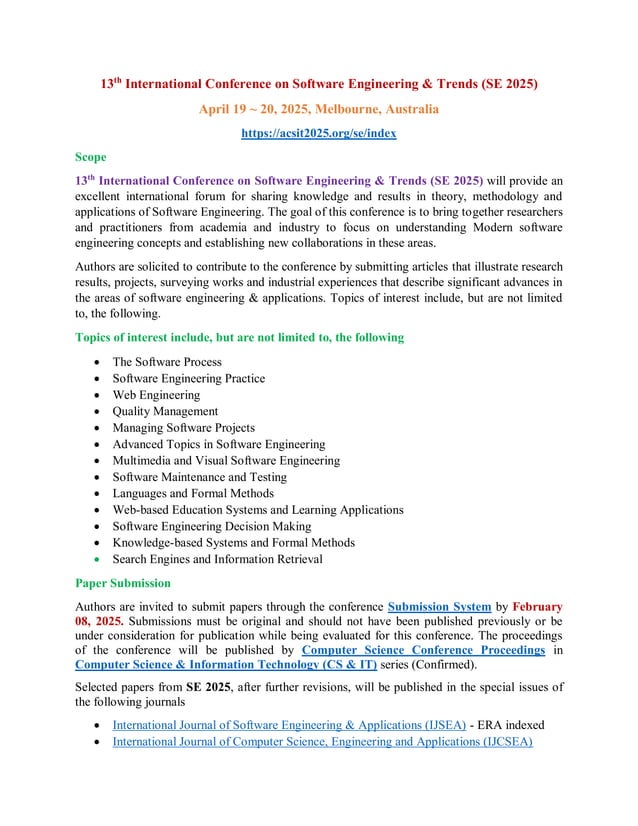 13th International Conference on Software Engineering & Trends (SE 2025 ...