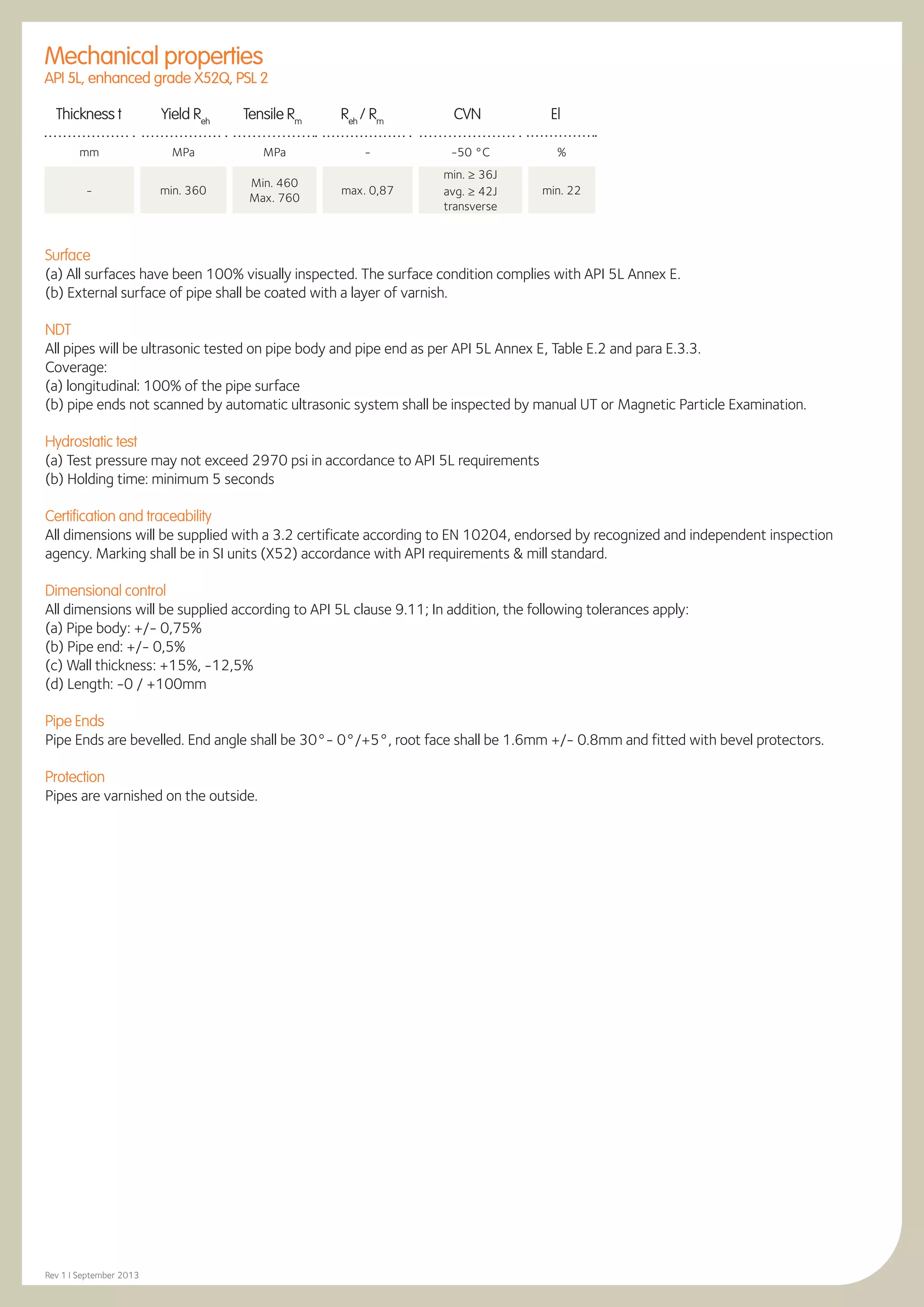 Seamless pipes API 5L grade x52 psl 2 | PDF