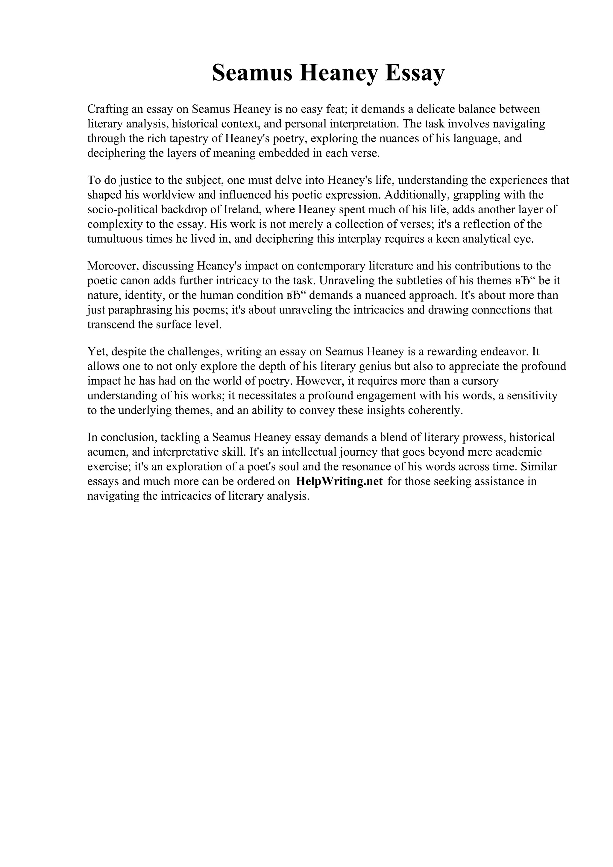 Seamus Heaney Essay. Seamus Heaney Essay. - GCSE English - Marked by ...