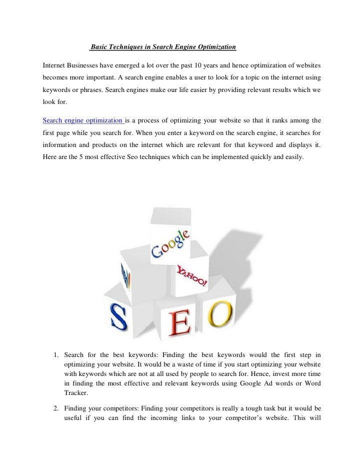 Search engine optimization techniques Search engine optimization techniques