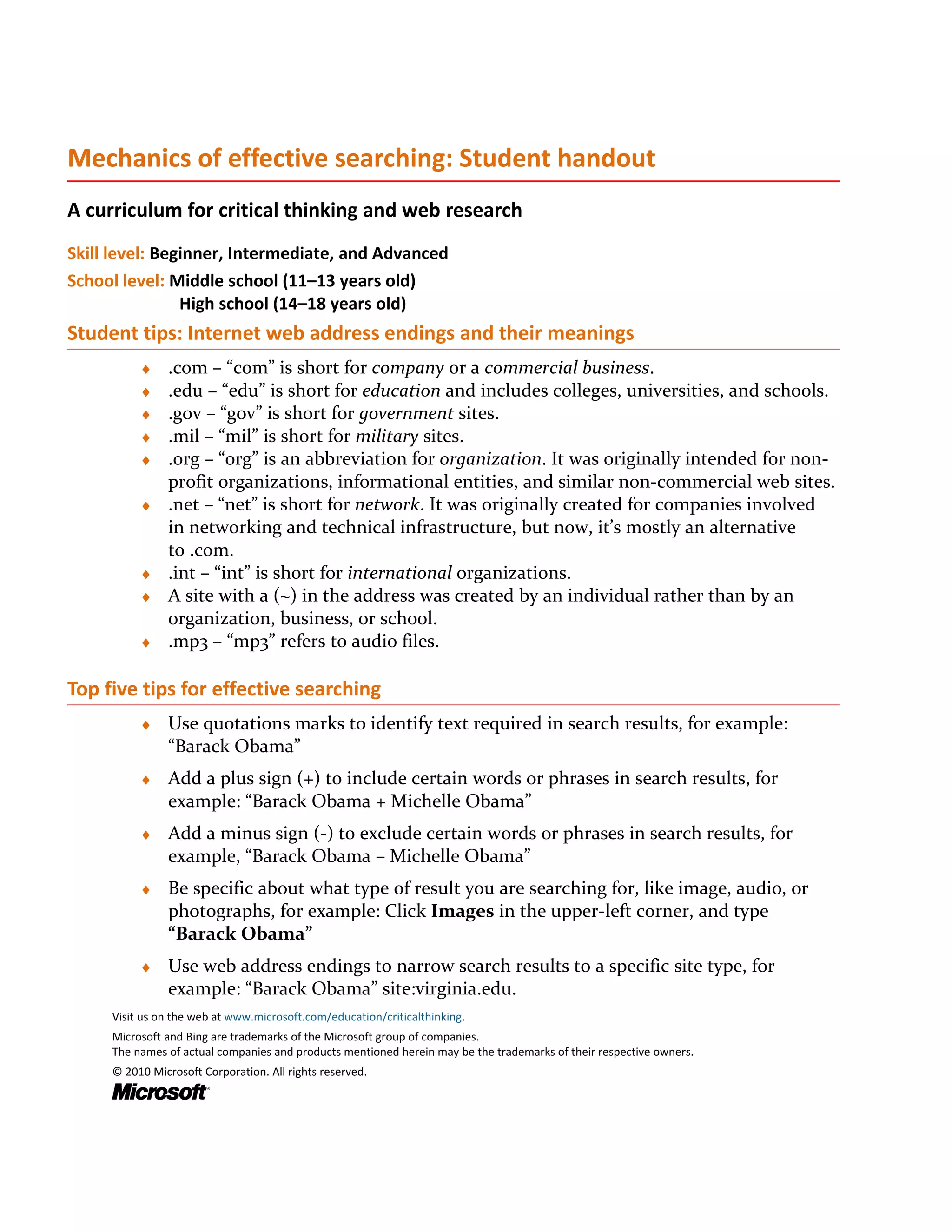 Searching student handout | DOC