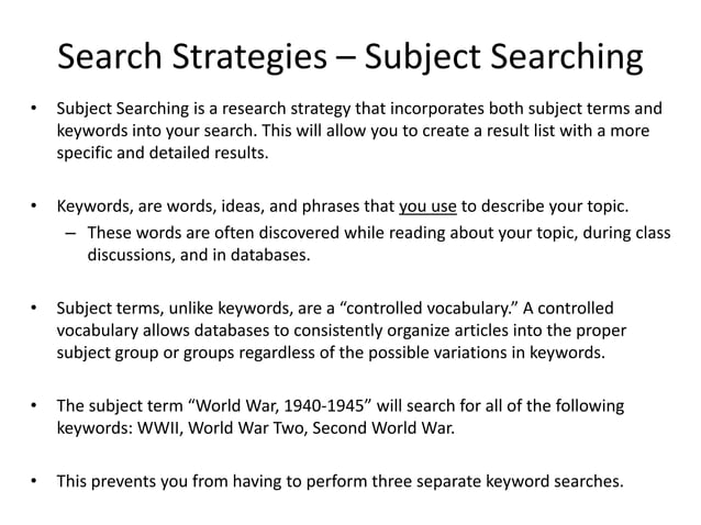 Search strategies – subject searching | PPT