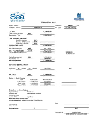 Sea residences 1530 f phase 3 template | XLS
